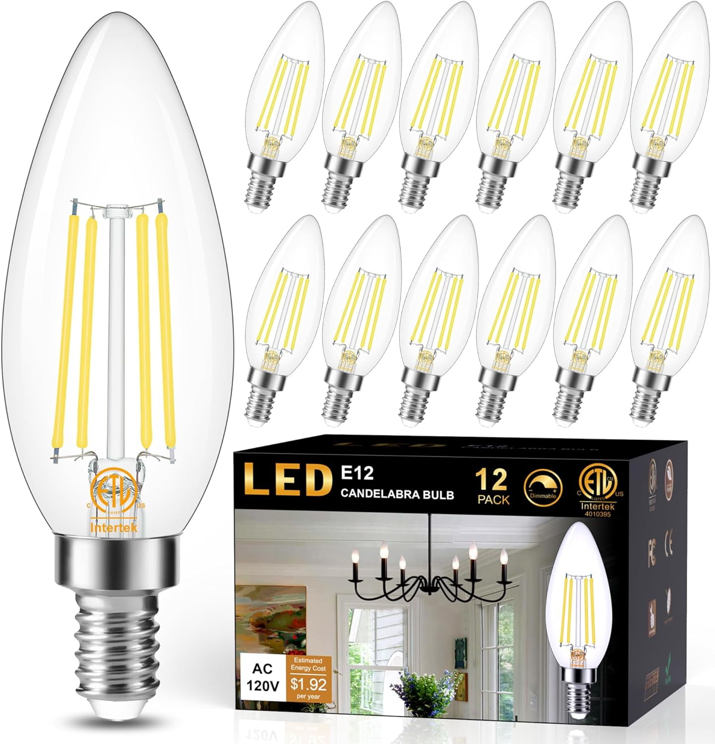 YANTONG Dimmable E12 LED Candelabra Bulb 4000K Daylight, Ceiling Fan ...