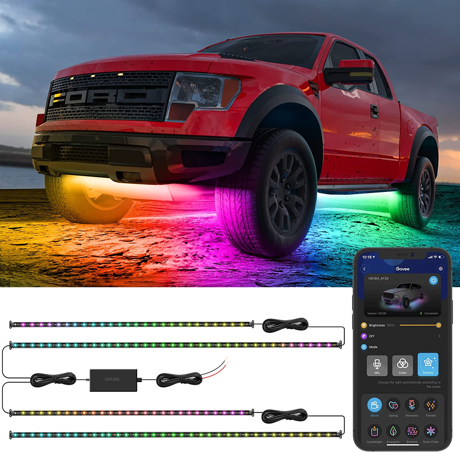 YANTONG Underglow Car Lights, 4pcs RGBIC Smart LED Lights for Cars with ...