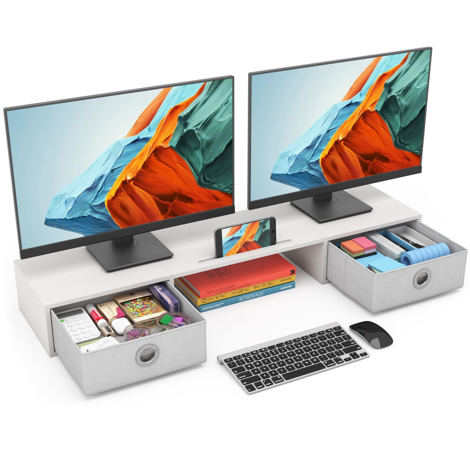 YAOHUOO Dual Monitor Stand with 2 Drawers, Computer Monitor Riser for 2 ...