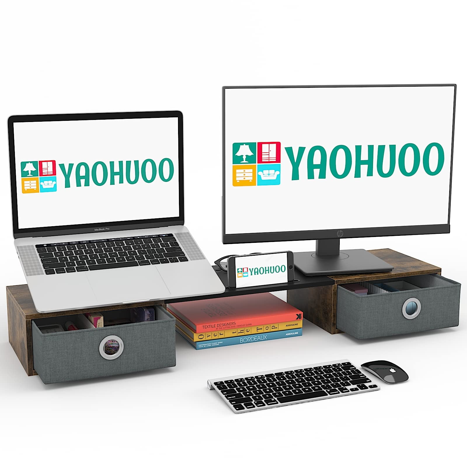 YAOHUOO Dual Monitor Stand with 2 Drawers, Monitor Stands for 2 ...