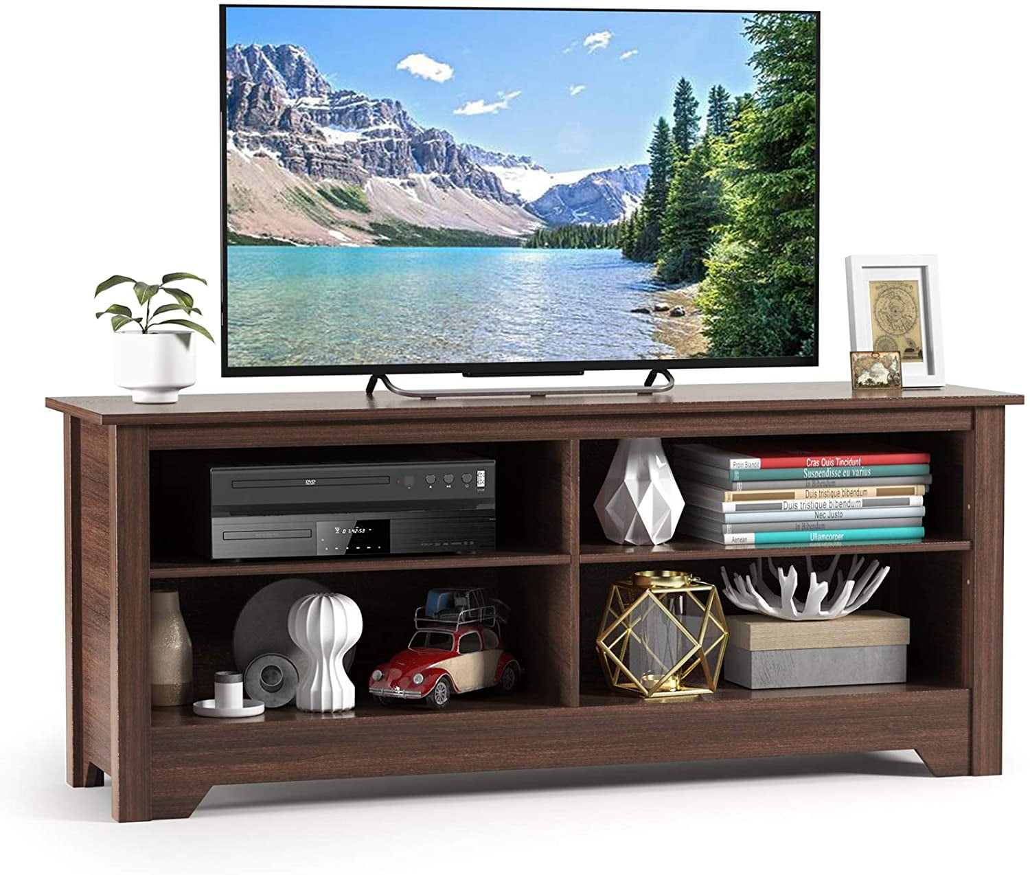 YAQININ 4 Cubby TV Stand, Wood TV Stand for TVs up to 65 Inch ...