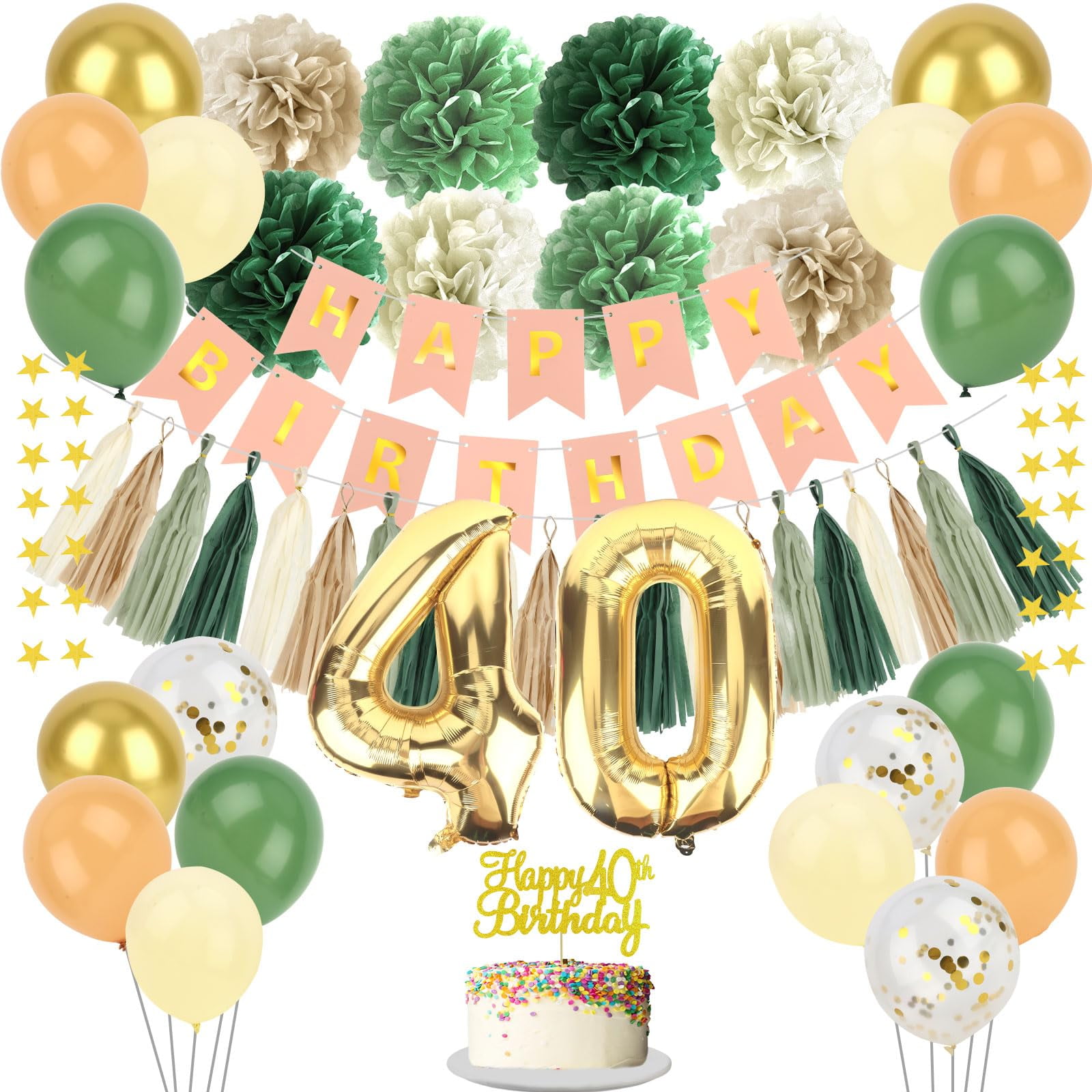 YARIEW 40th Sage Green Happy Birthday Party Decorations Happy Birthday Banner with Tissue Paper ...