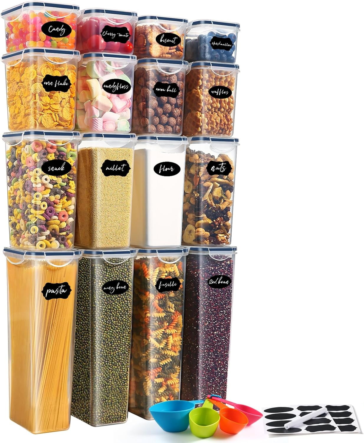 YASHE 16 Pcs Airtight Food Storage Container Set, Plastic Cereal ...