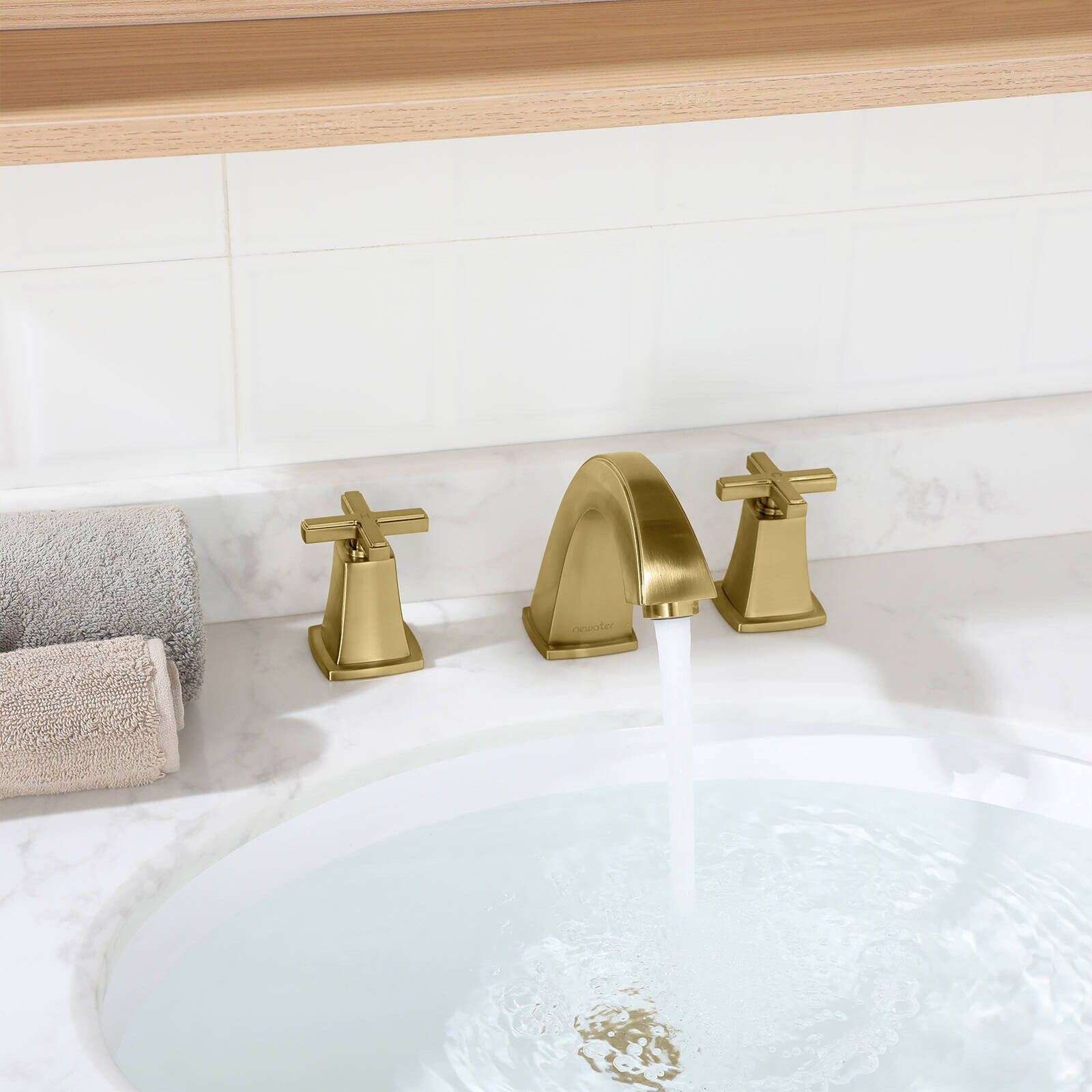 YASINU Cross Handles Widespread 8 Inch Bathroom Faucet With Pop-up Drain Brushed Gold Brushed ...