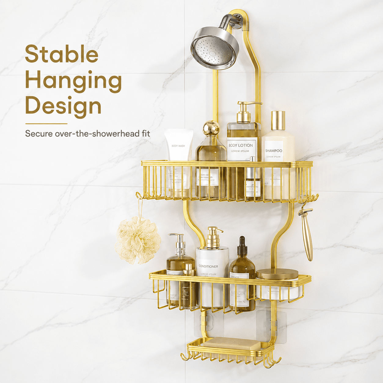 YASONIC Gold Aluminum Over-the-Showerhead Organizer with 3 Baskets and ...