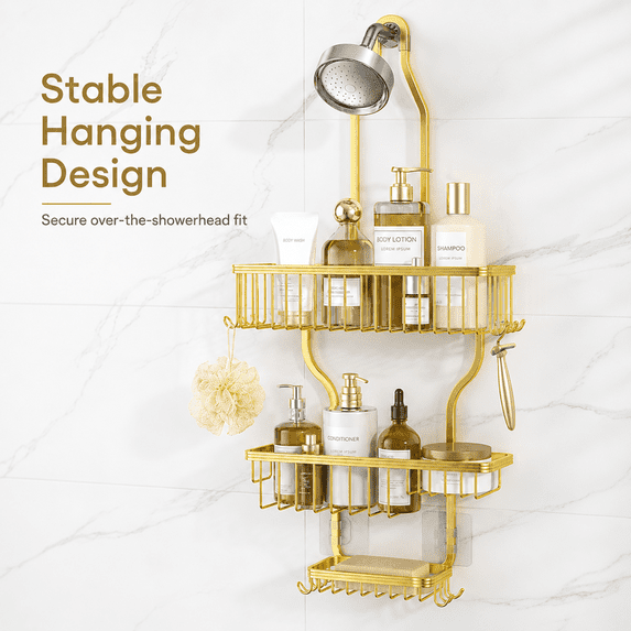 YASONIC Gold Aluminum Over-the-Showerhead Organizer with 3 Baskets and ...