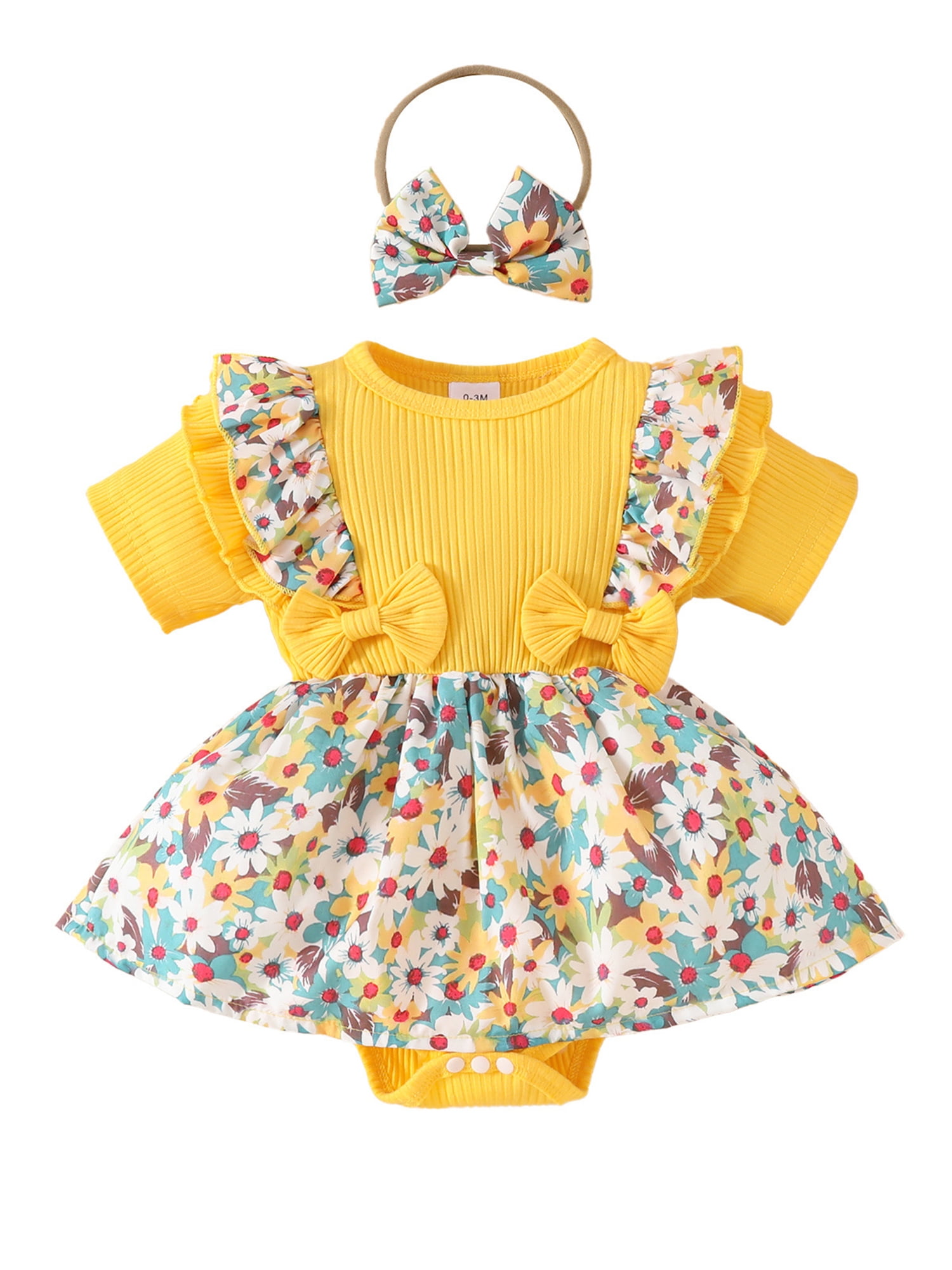 YASUTNKS Baby Girls Rompers Dress Floral Print Skirt Hem Short Sleeve Jumpsuits Bodysuits with ...