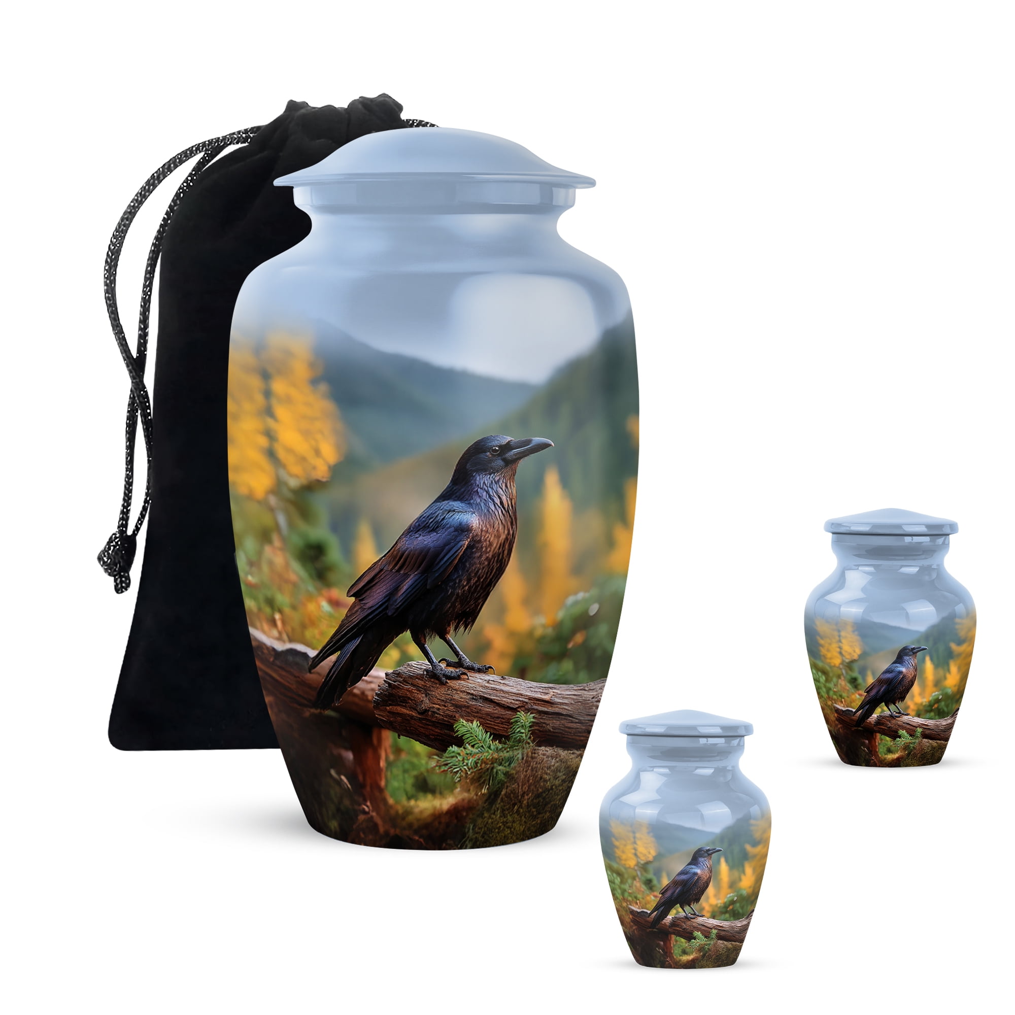 YATHABI Crow Funeral Ashes Urn Set – Large Urn for Men – Small Keepsake ...