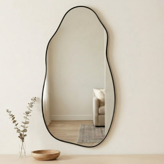 YAURA 30"x16.5" Irregular Wavy Wall Mirror, Matte Black Aluminum Frame ...