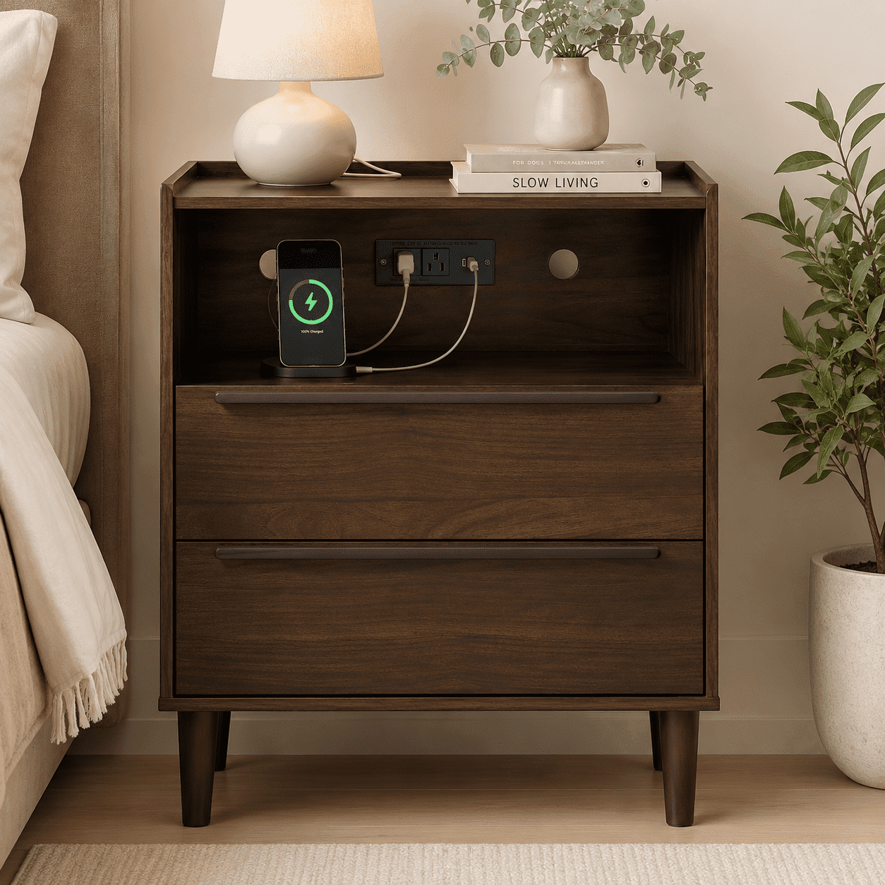 YAURA Mid-Century Modern Nightstands with Charging Station, 26