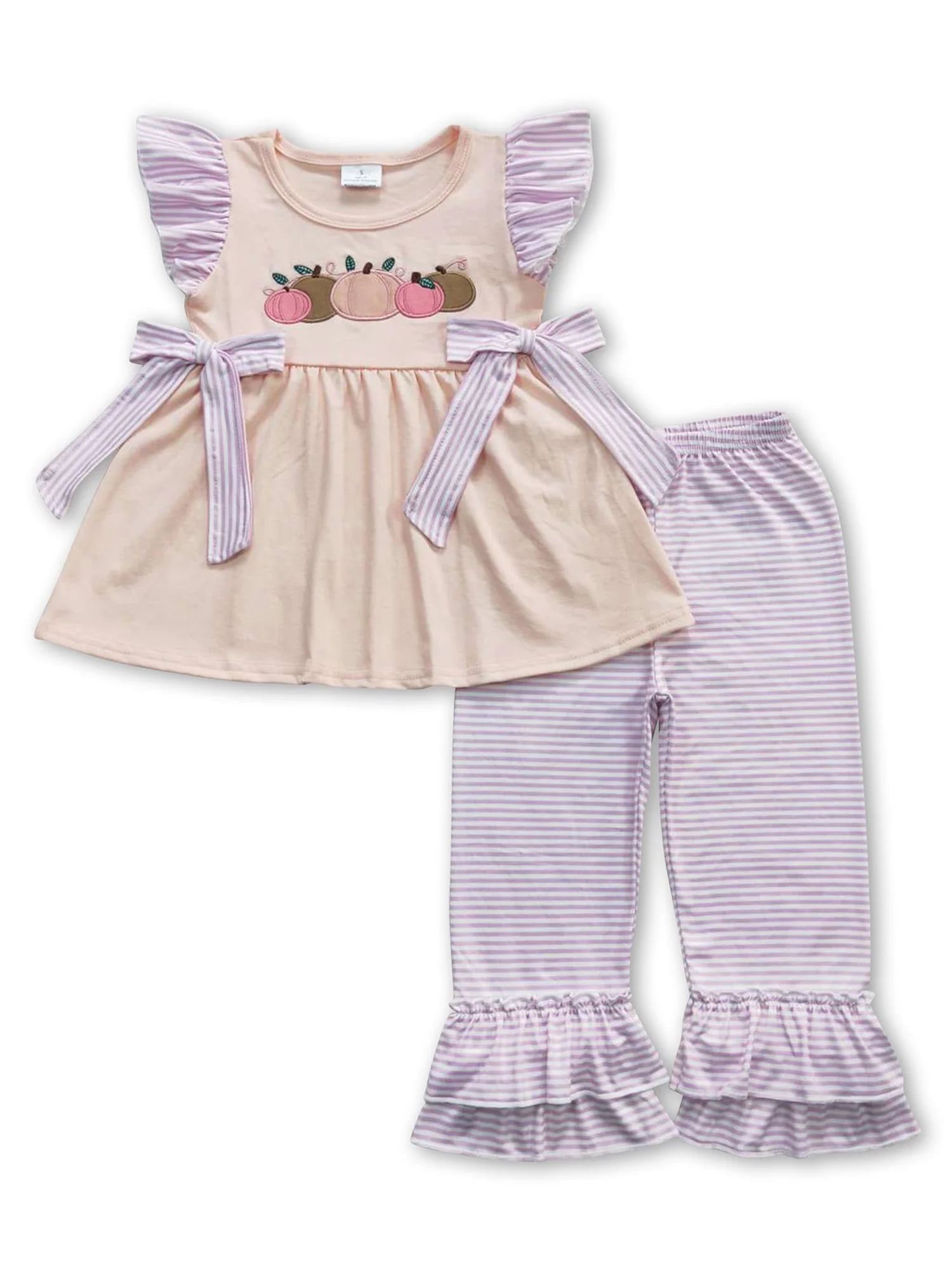 YAWOO Boutique Girls Clothing Set Pumpkin Strips Bow Tie Sleeveless ...