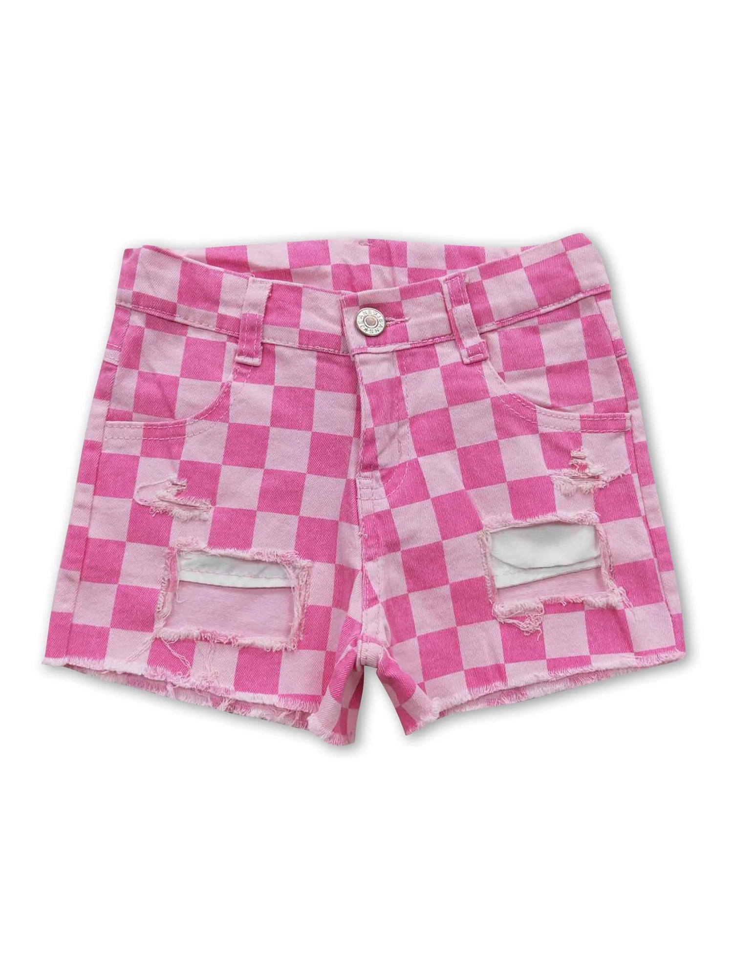 YAWOO Girls' Pink Plaid Denim Shorty Shorts Hole Design, Sizes 6M-16T ...