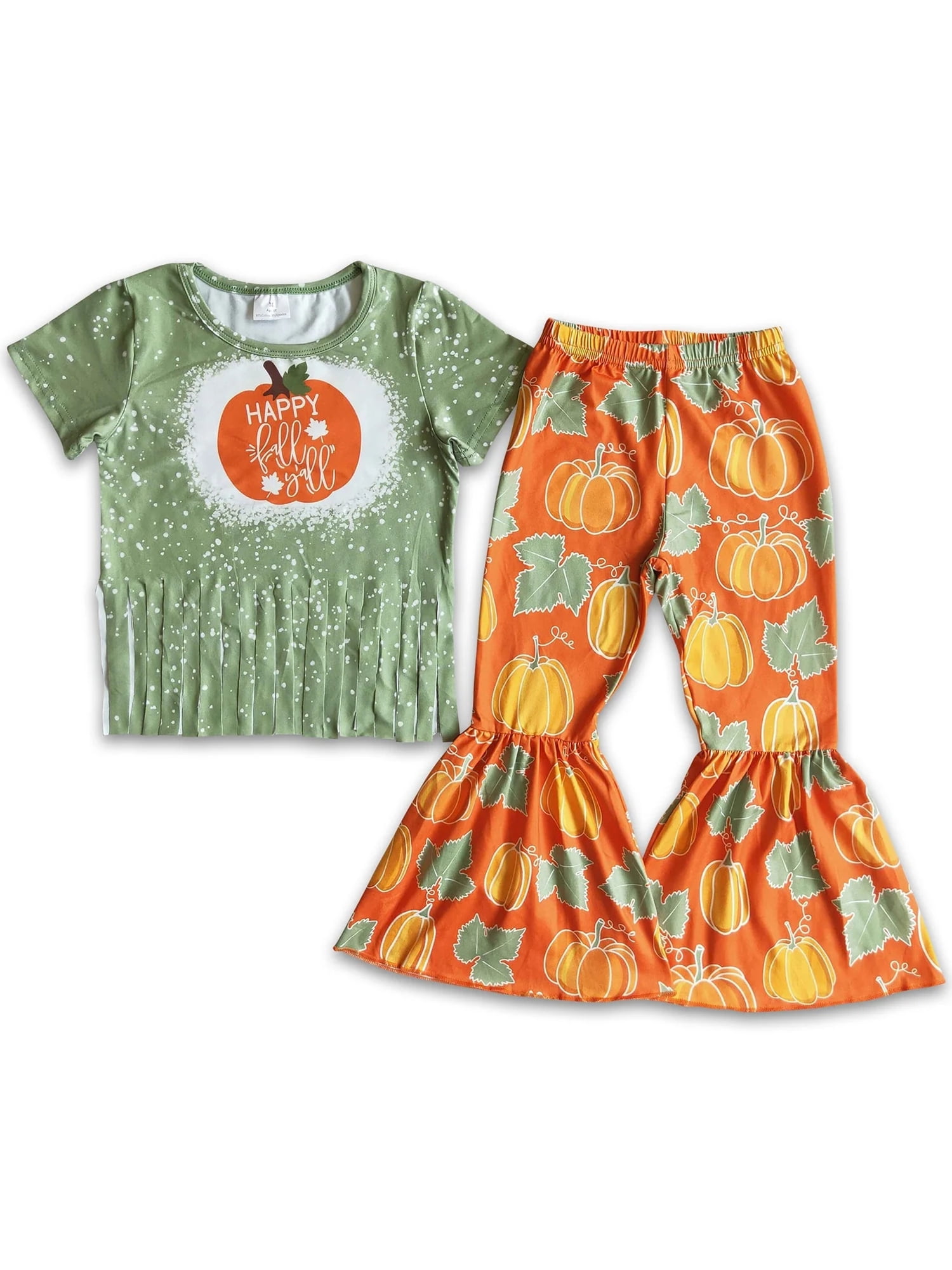 YAWOO Halloween Yellow Pumpkin Clothing Set Boutique Green Kids Outfits ...