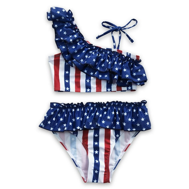 YAWOO July 4th Star Girl's Ruffled One Shoulder Tankini 2-Piece ...