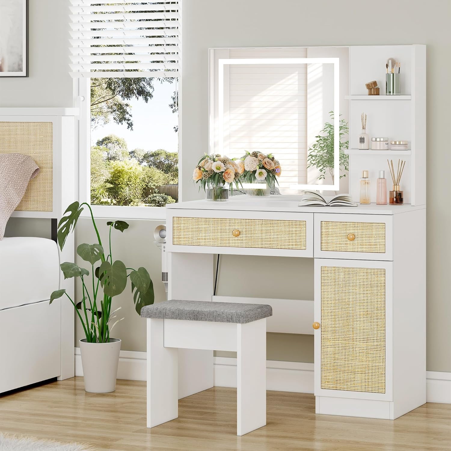 YAYE Rattan Vanity Desk with LED Lights Mirror and Chair, Wooden Makeup ...