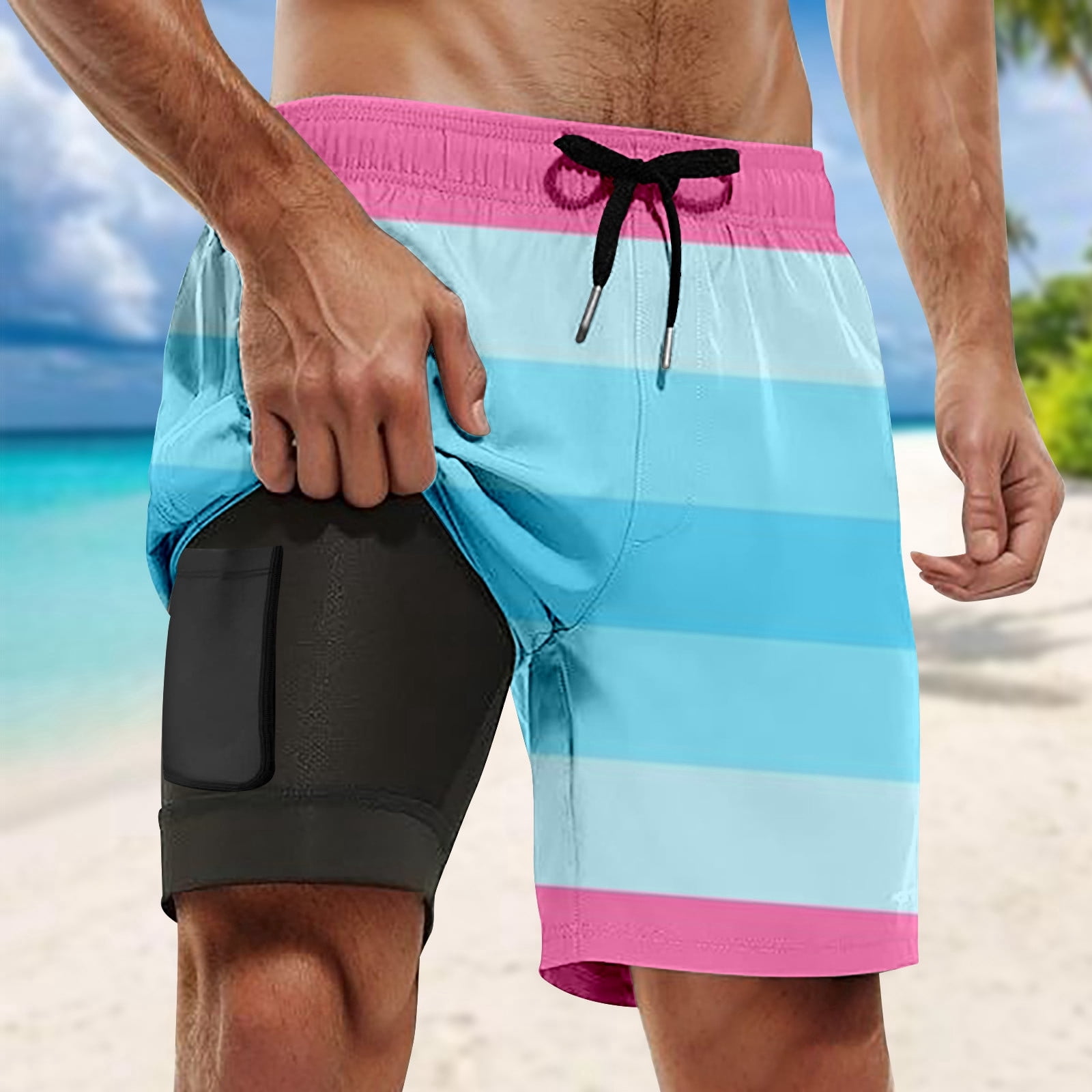 YAYUBA Men's Swim Trunks 7 Inch 2 In 1 with Compression Liner Stretchy ...