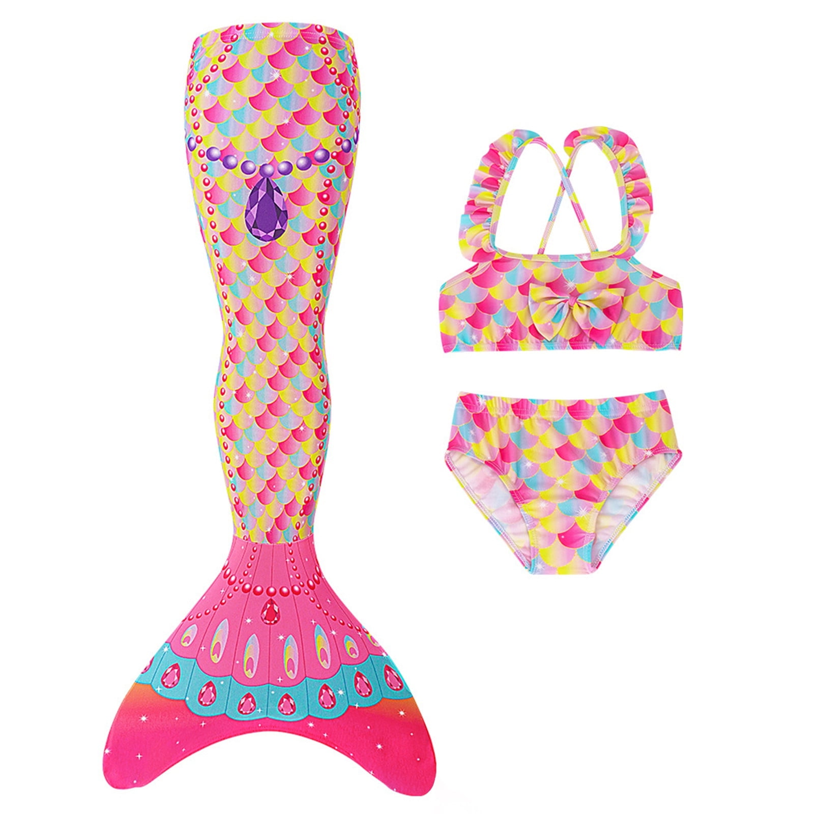 YAYUBA Tail Swimsuit for Girls 3 Pieces Swimming Suit Ruffle Fish Scale ...
