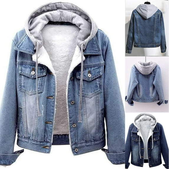 YAYUBA Women's Cropped Denim Jeans Jacket Hooded Fleece Lined Crop Top ...