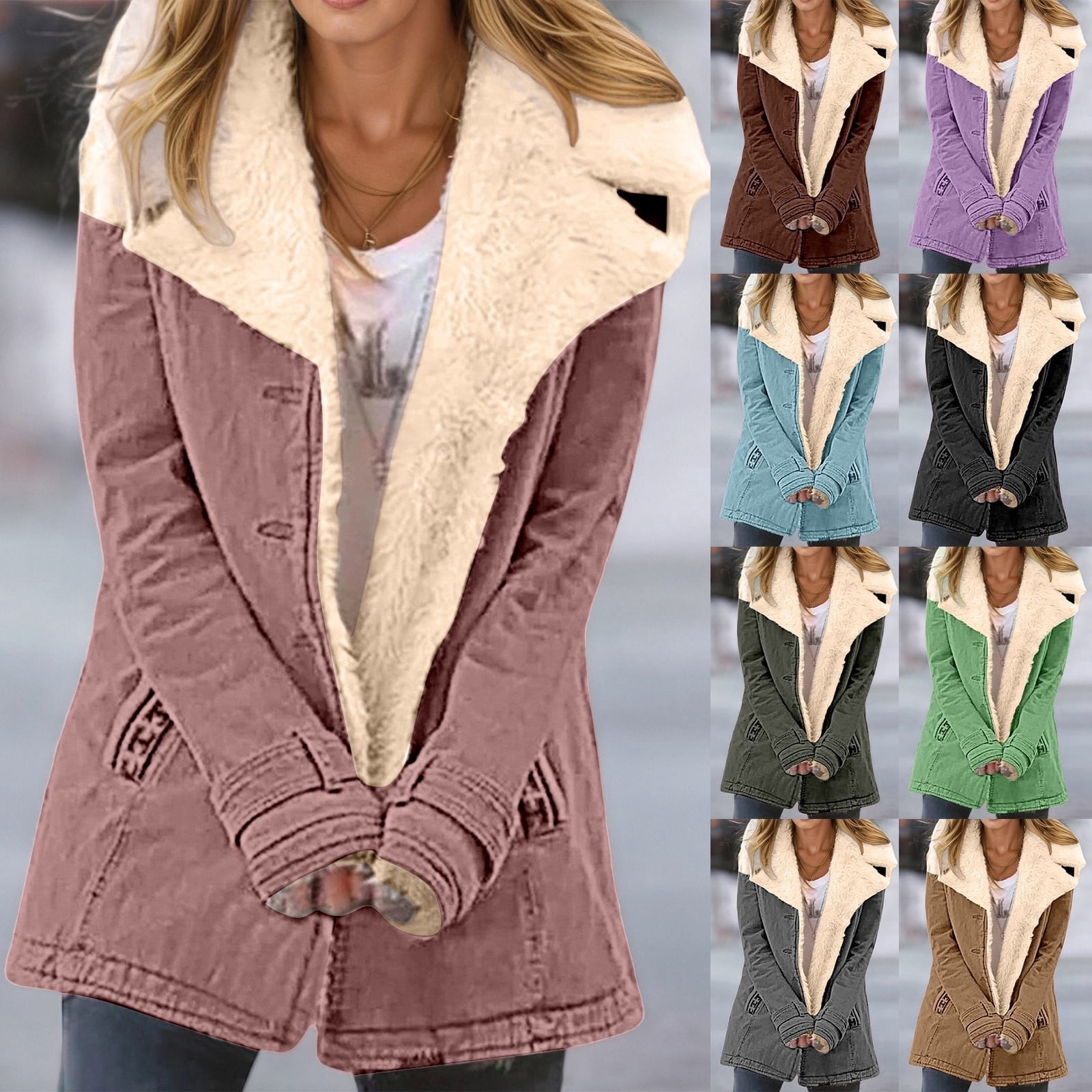 YAYUBA Womens Fleece Jacket Faux Fur Sherpa Lined Warm Coat Lapel ...