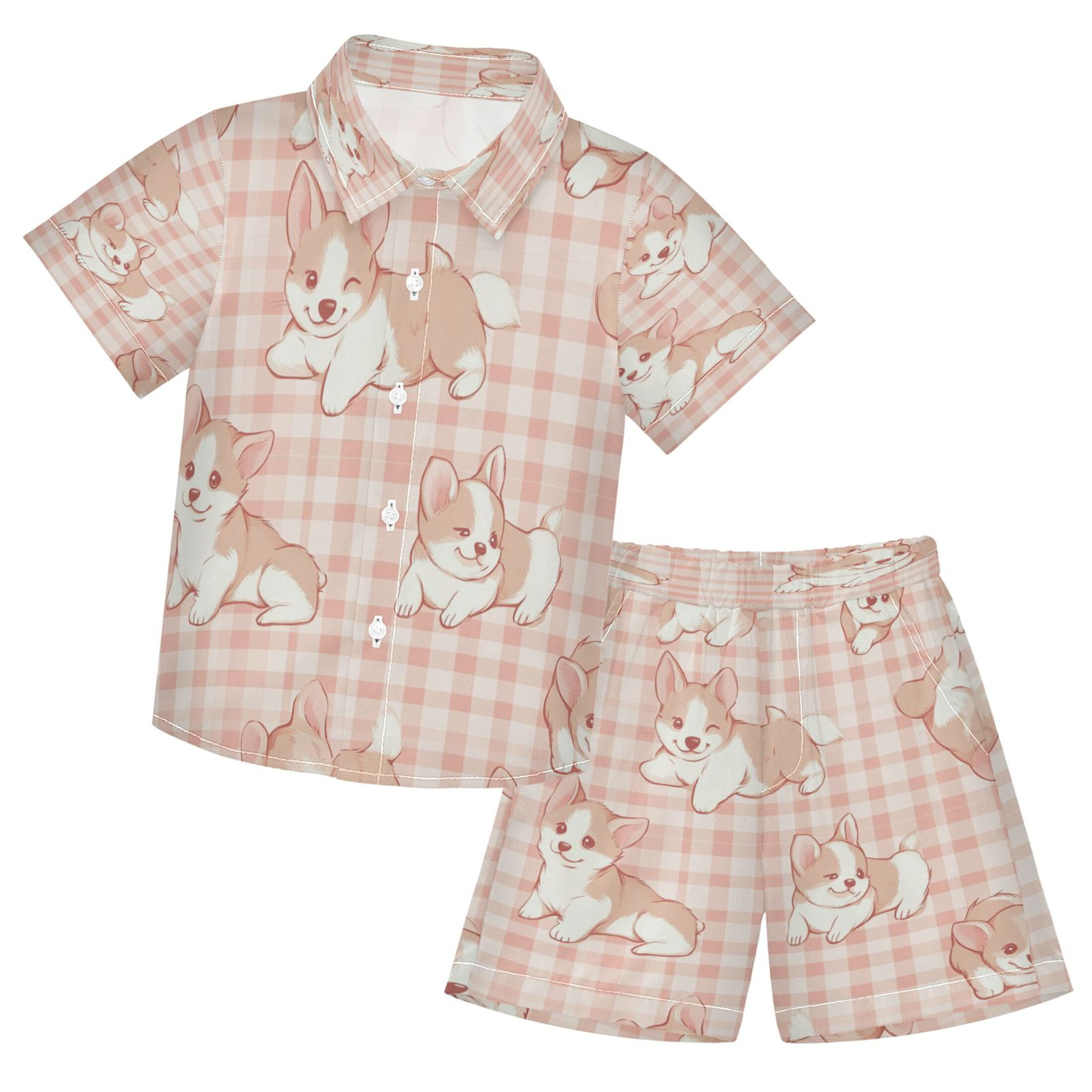 YAZAOO Button-Down Shirts Summer Shorts Sets Fashion Corgis Cuddle Fest ...