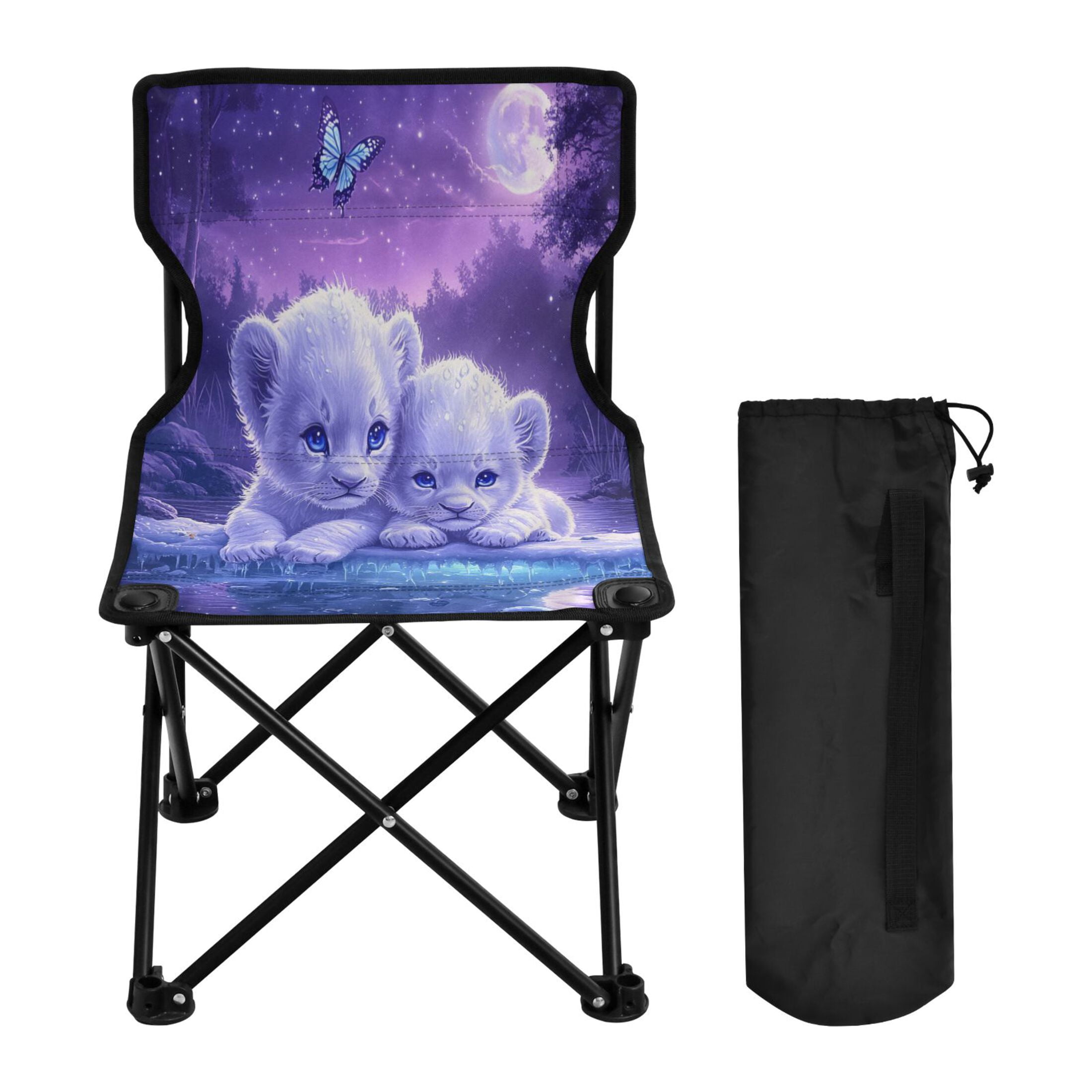 YAZAOO Camping Chairs Modern Lion Cubs under The Moon Pattern Folding ...