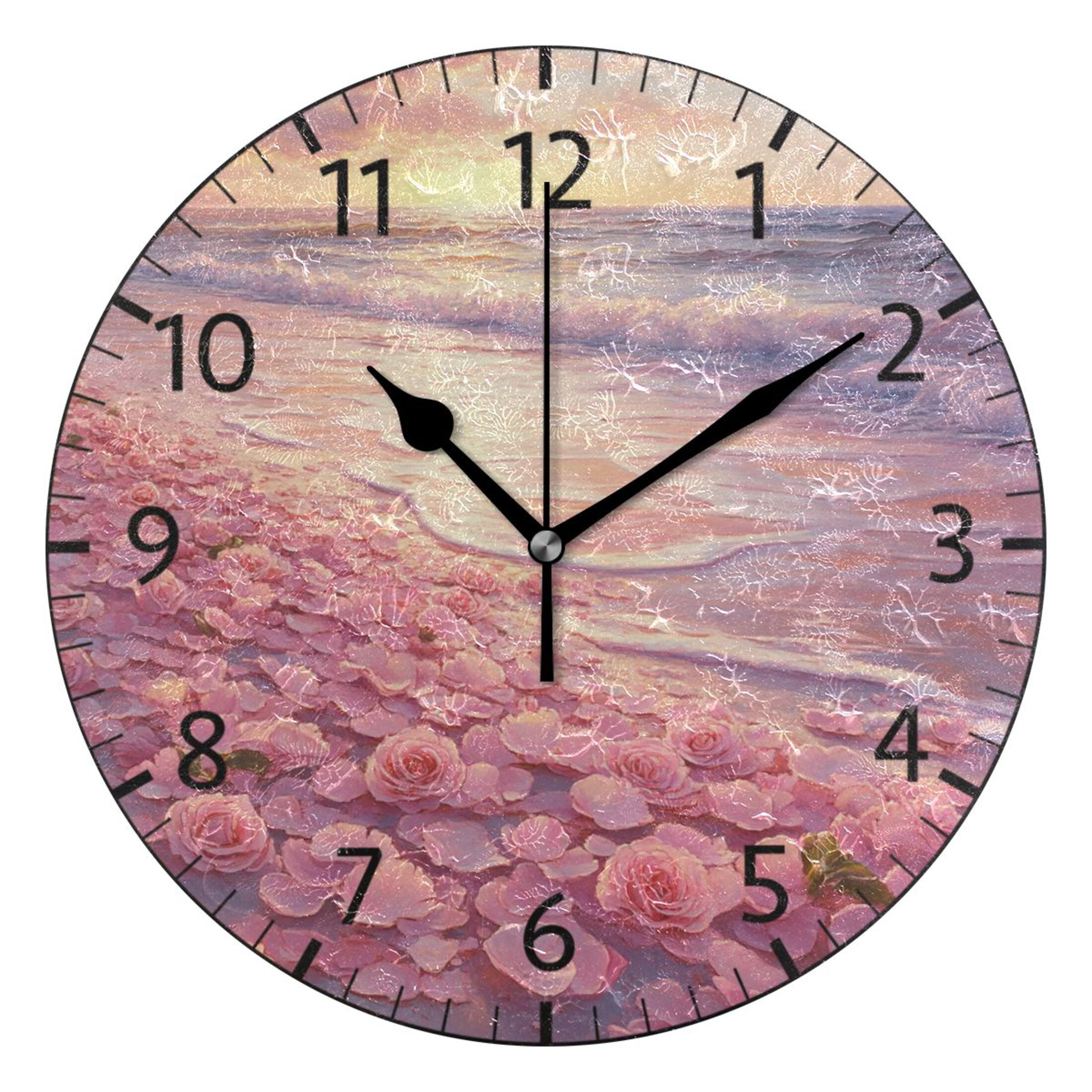 YAZAOO Decorative Wall Clock Size：25cm Beach with Pink Rose Petals ...