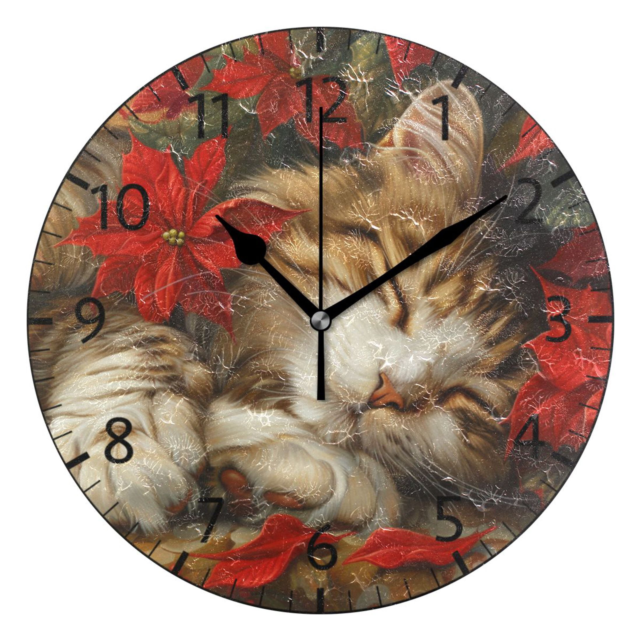 YAZAOO Decorative Wall Clock Size：25cm Dreamy Tabby Nestled in ...