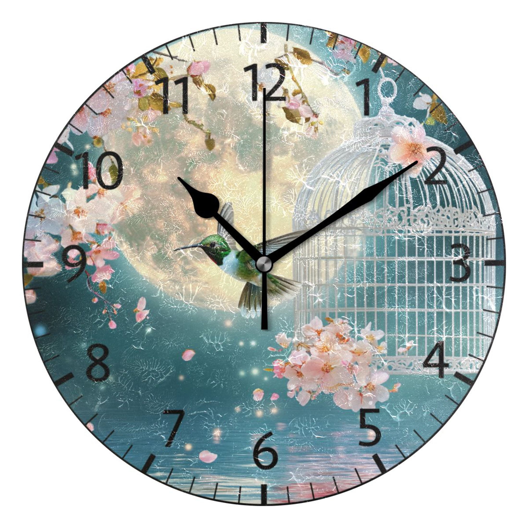 YAZAOO Decorative Wall Clock Size：25cm Hummingbird Moon Cage Flowers ...