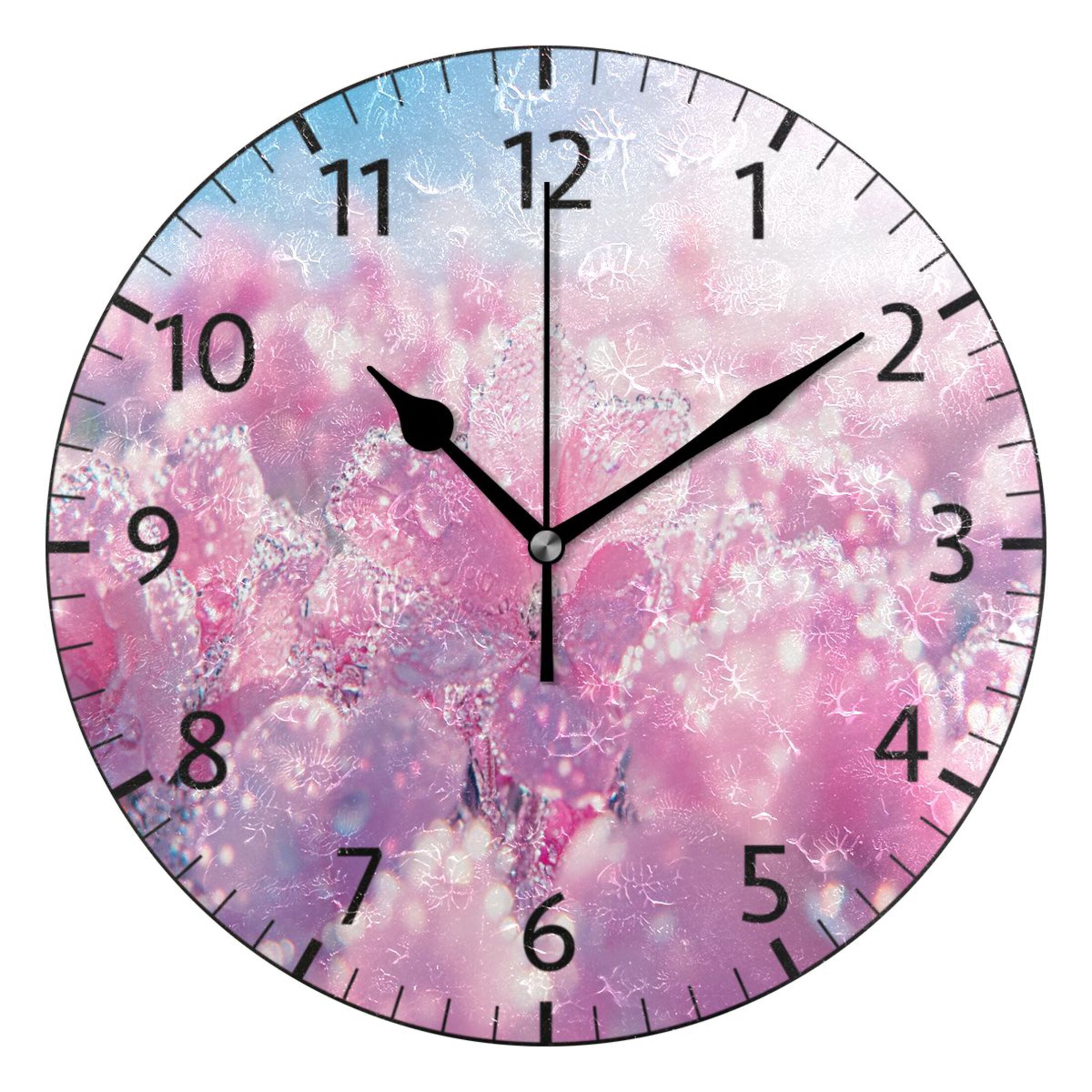 YAZAOO Decorative Wall Clock Size：25cm Pink Flowers with Morning Dew ...