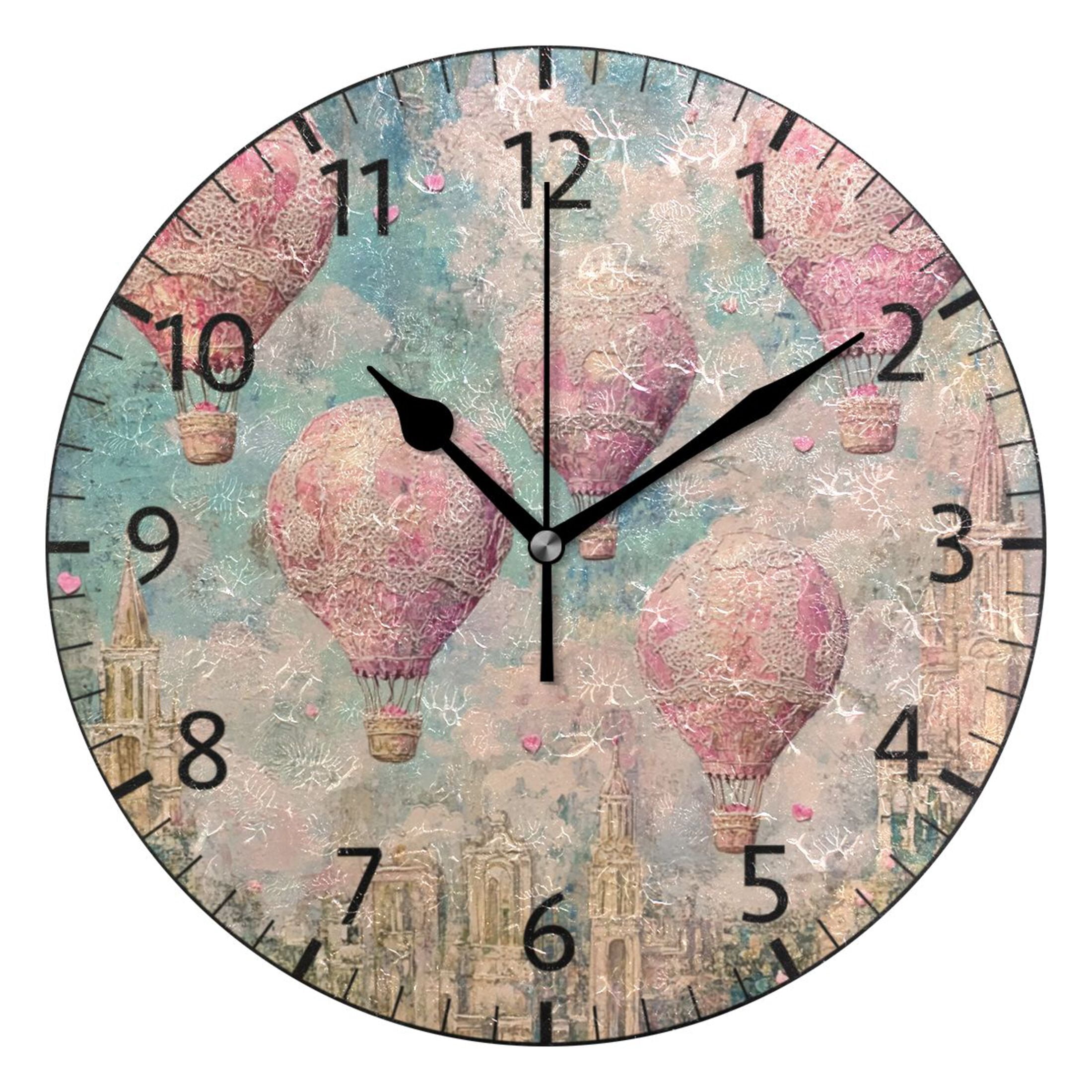 YAZAOO Decorative Wall Clock Size：25cm Pink Hot Air Balloons Vintage ...