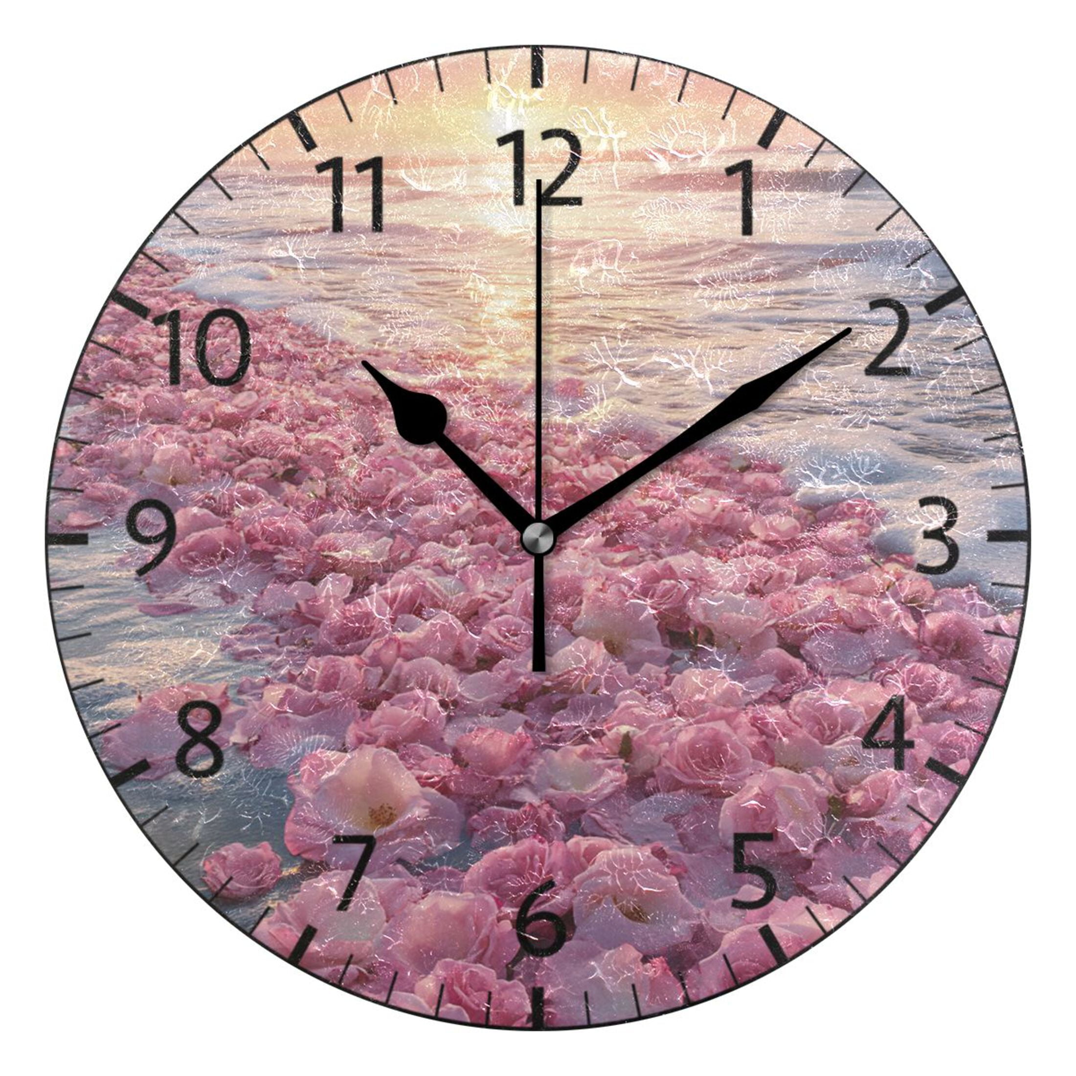 YAZAOO Decorative Wall Clock Size：25cm Pink Roses on Beach Shore Design ...