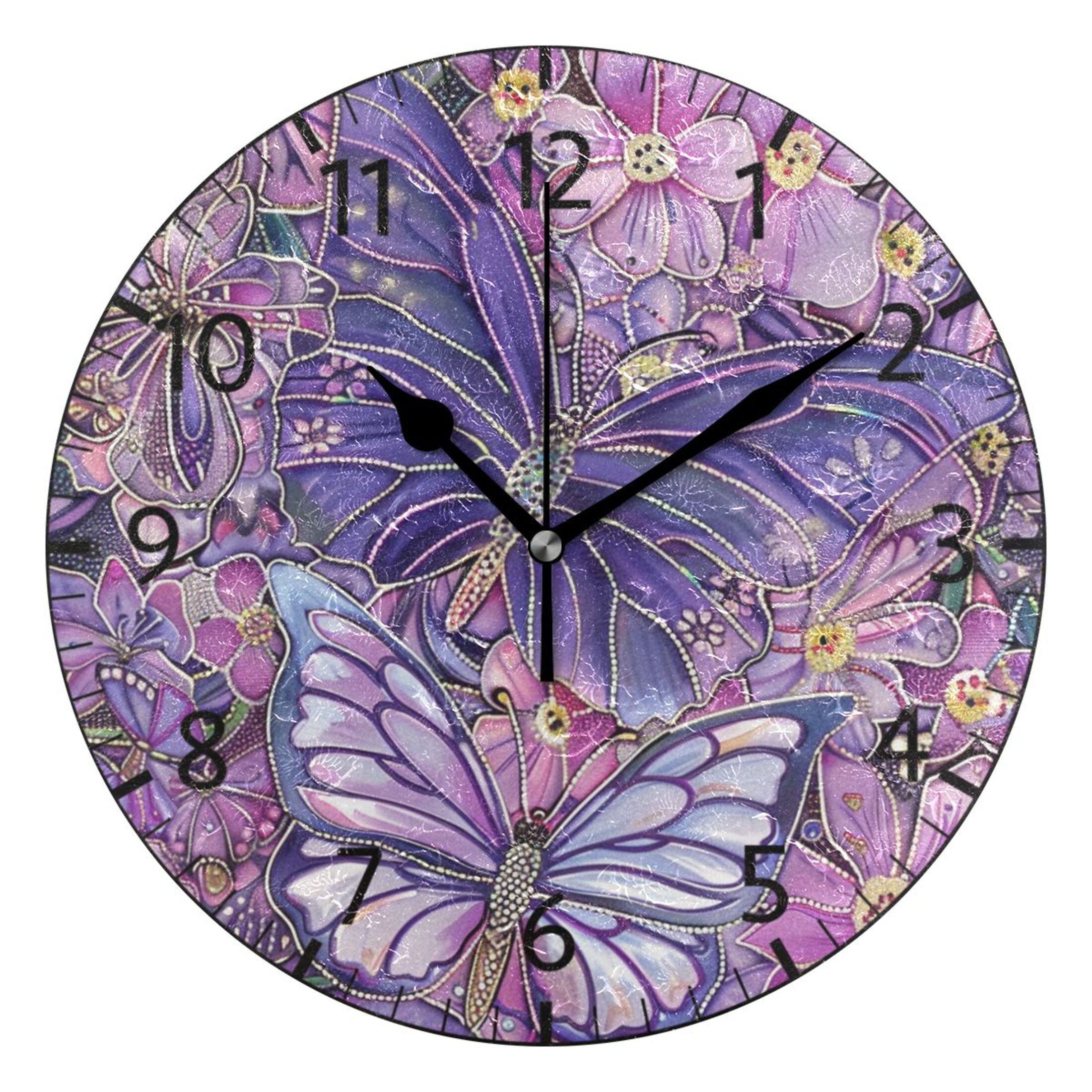 YAZAOO Decorative Wall Clock Size：25cm Purple Butterfly Garden Design ...