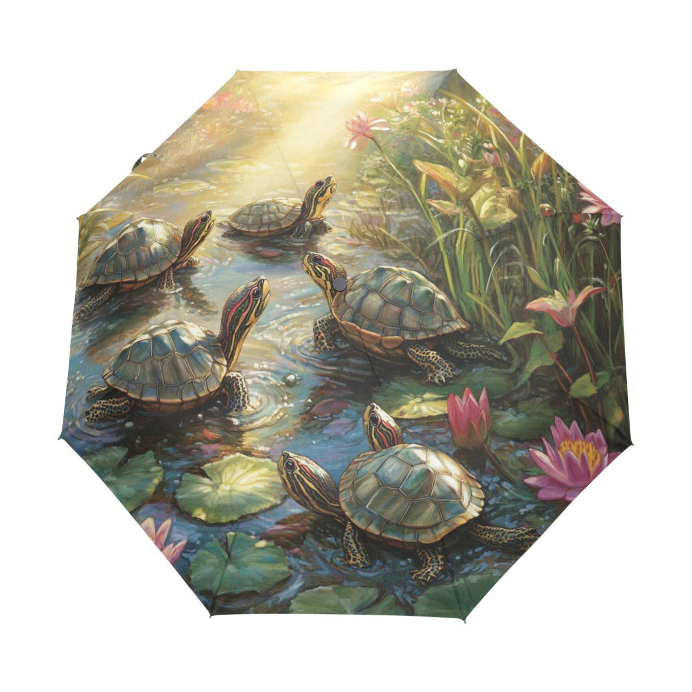 YAZAOO One-Touch Auto Open Close Rain Umbrella With Creative Sunlit Turtle Gathering Pattern ...