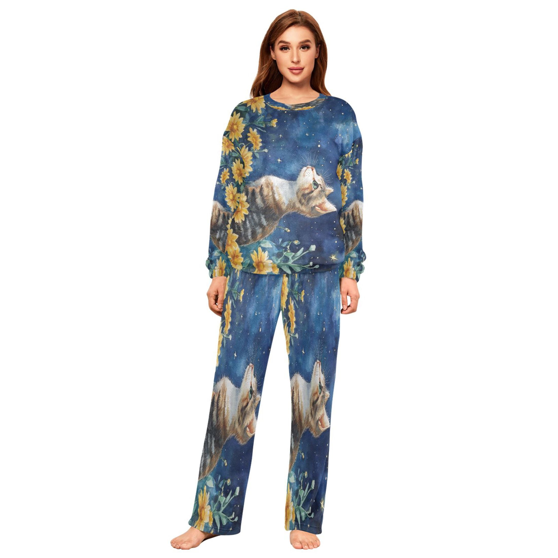 YAZAOO Women Slim Pajamas Loose Style Female Fashion Cat with Flowers ...