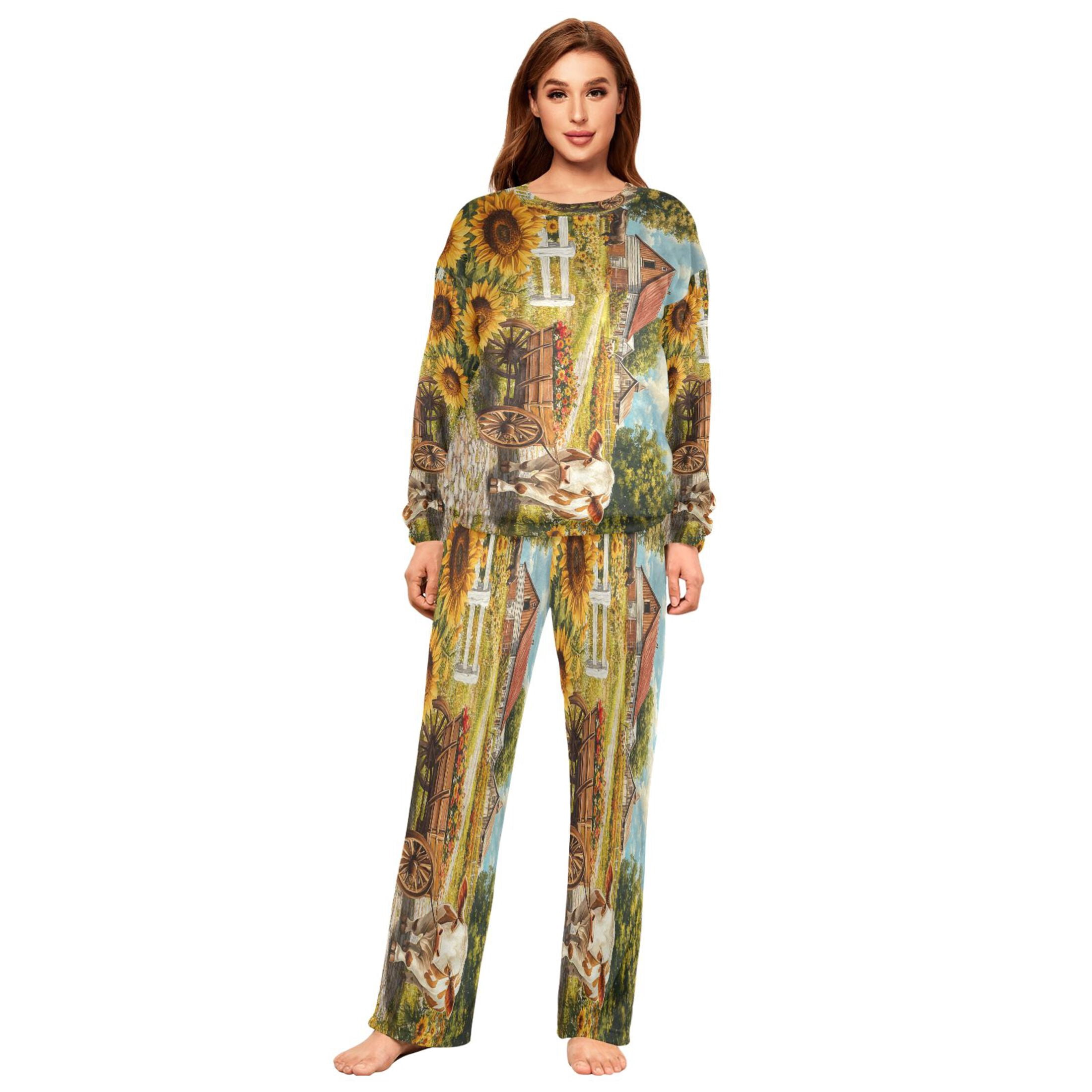 YAZAOO Women Slim Pajamas Loose Style Female Fashion Cow Pulling Flower ...