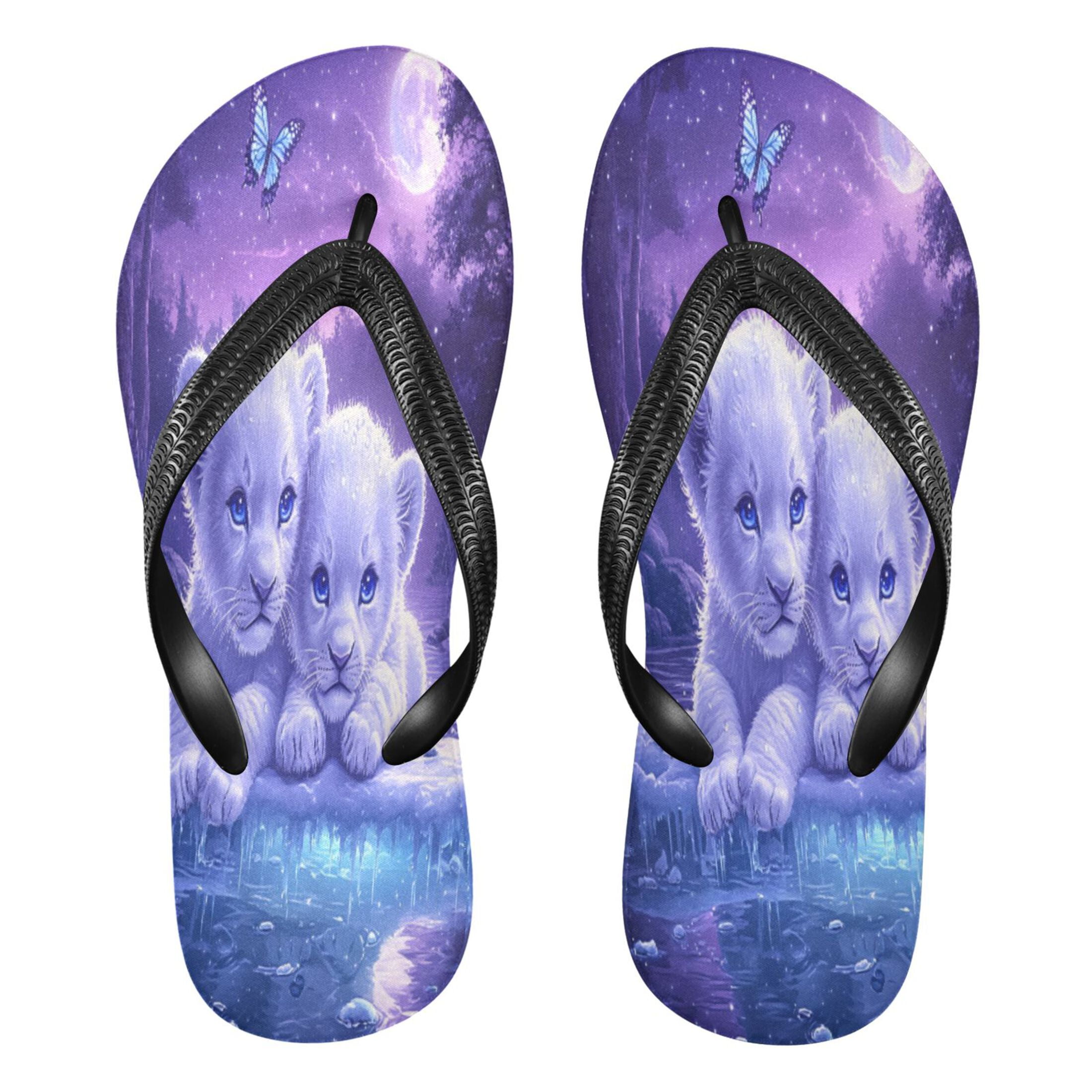 YAZAOOSummer Flip Flops Creatively Lion Cubs under The Moon Simple ...