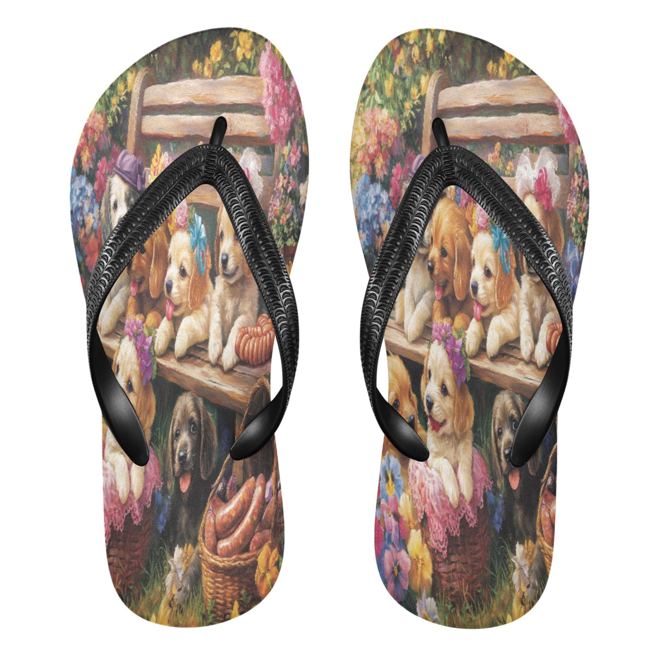 YAZAOOSummer Flip Flops Creatively Puppy Picnic in A Flower Wonderland ...