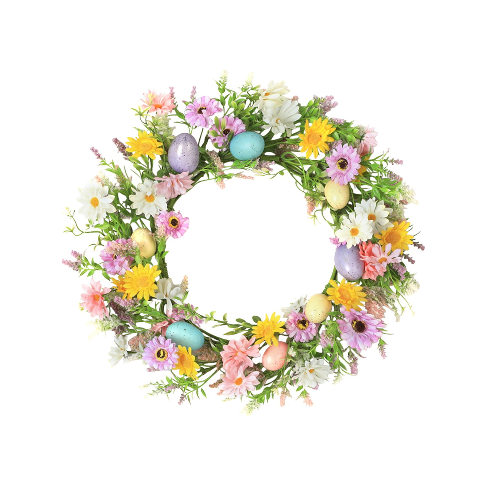 YAnch Spring Wreaths for Front Door, 17.71 Inch Artificial Easter Eggs Wreath Daisy and Lavender ...
