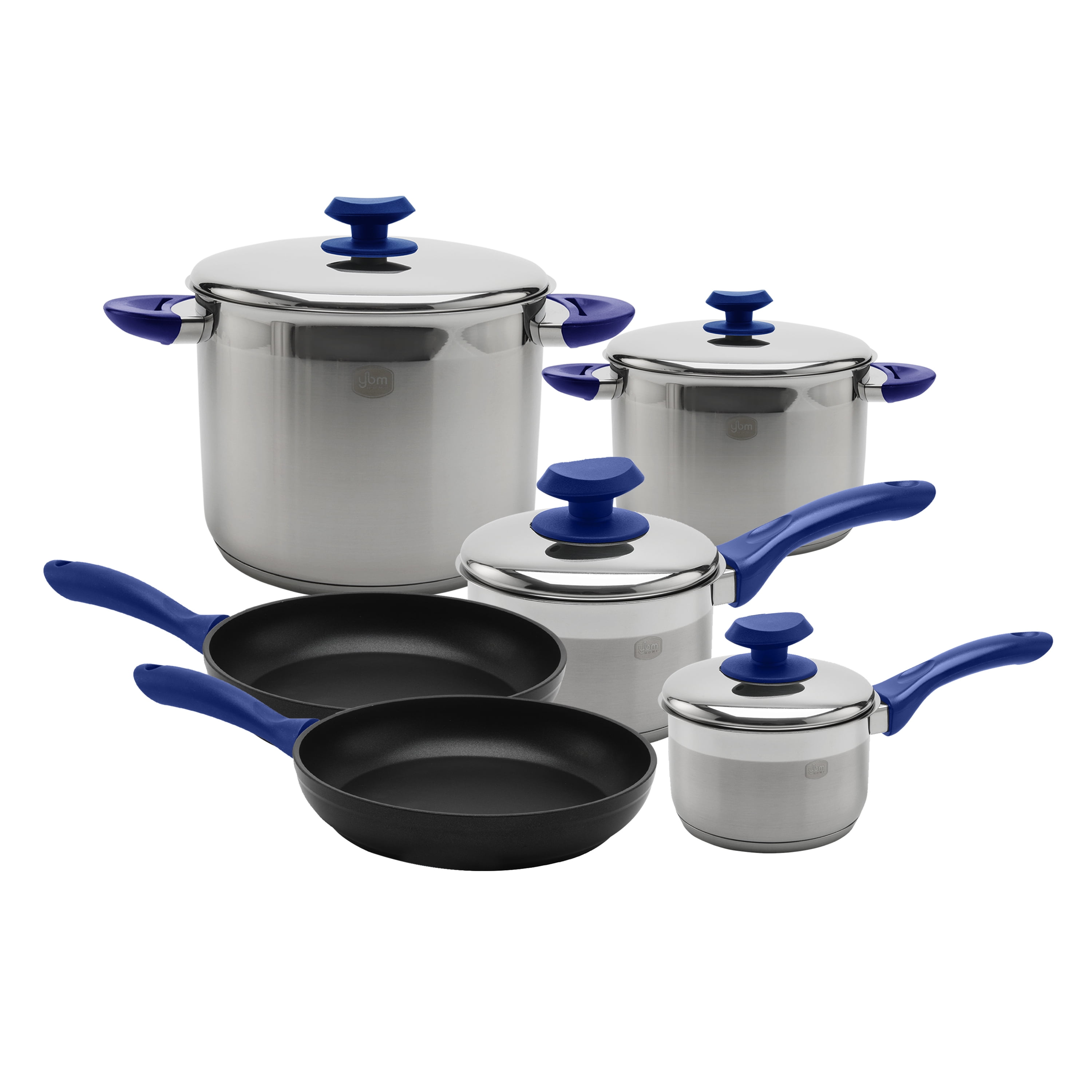 YBM Home 18/10 Tri-Ply Stainless Steel Pots and Pans Cookware Set 10 ...