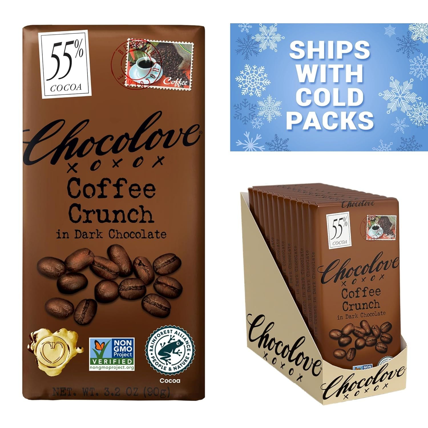 YBQF Coffee Crunch in Dark Chocolate, 55% Cocoa | Non GMO, Rainforest Alliance Certified Cacao ...
