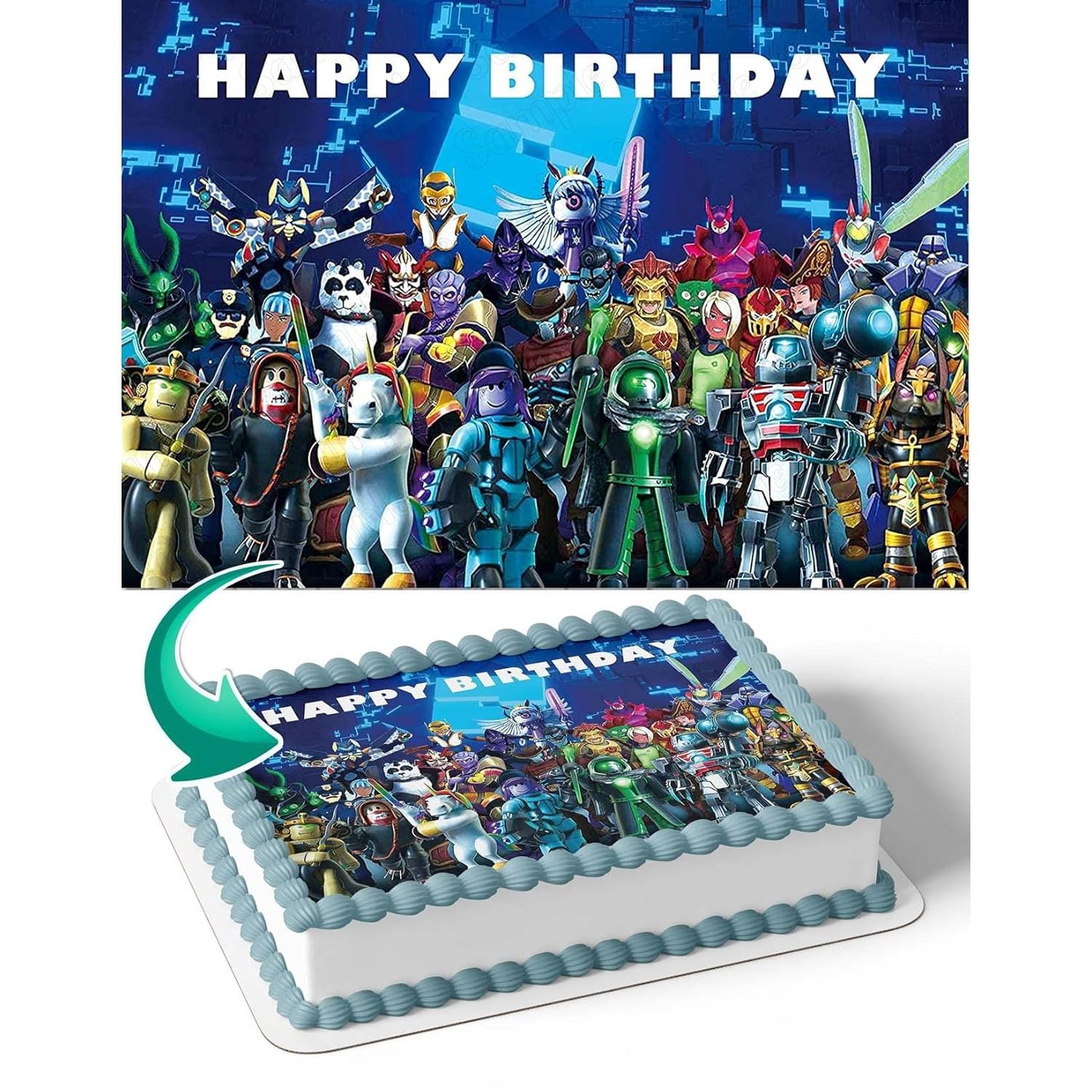 YBQF Robots Blue Gamer Edible Cake Image Topper Birthday Cake Banner 1/ ...