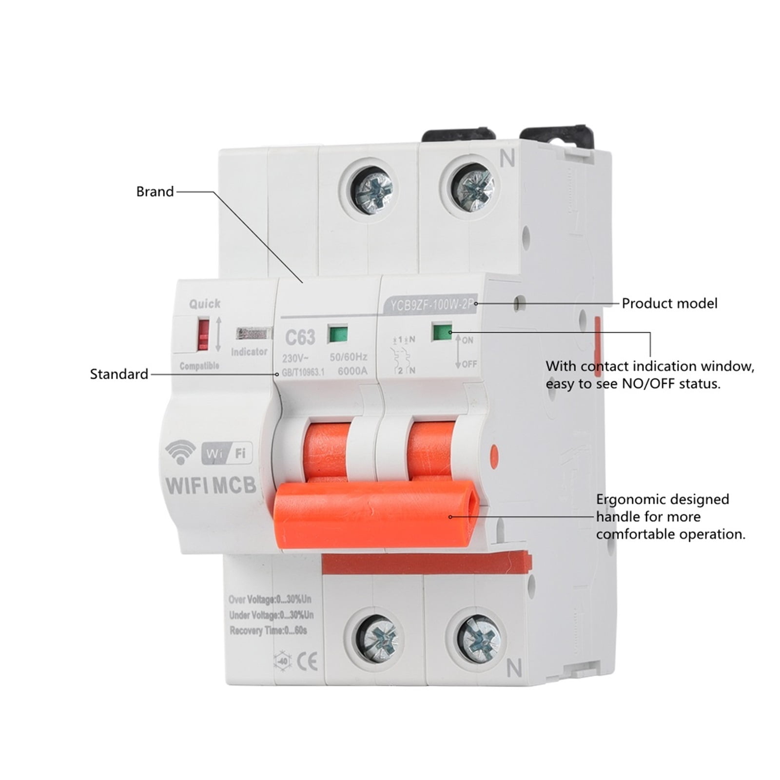 YCB9ZF-100W 2P Smart Circuit Breaker Short Circuit Protection Timed ...
