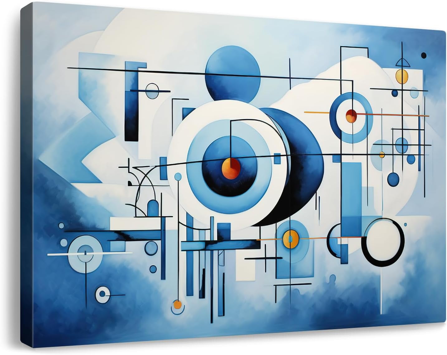Modern Abstract Canvas Wall Art Circles Rectangles Lines on Blue ...