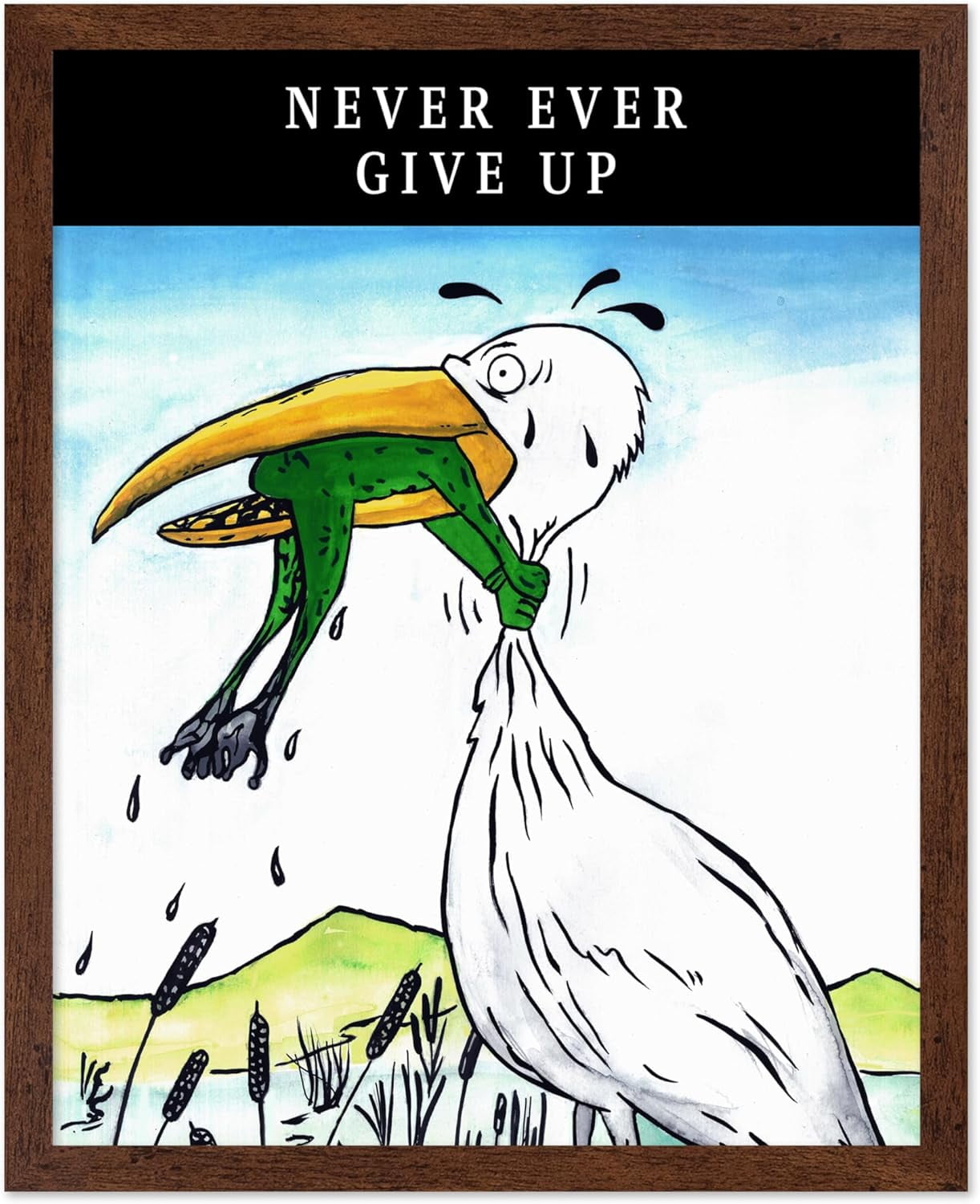 YCCJ-Never Ever Give Up Poster - Crane & Frog Print - Motivational Quote Art - Funny Gift for ...