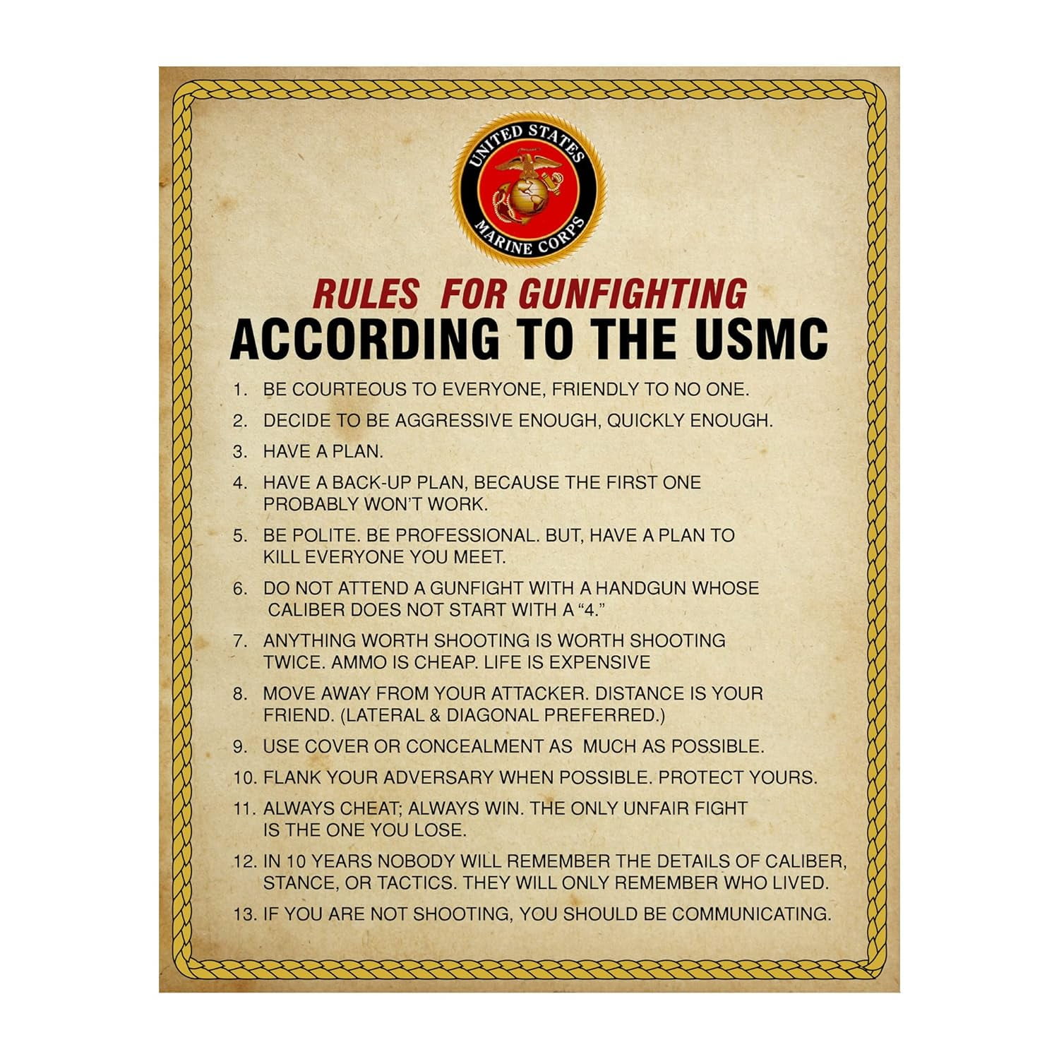 YCCJ-Rules For Gun Fighting - USMC Wall Decor Print, Patriotic Military ...