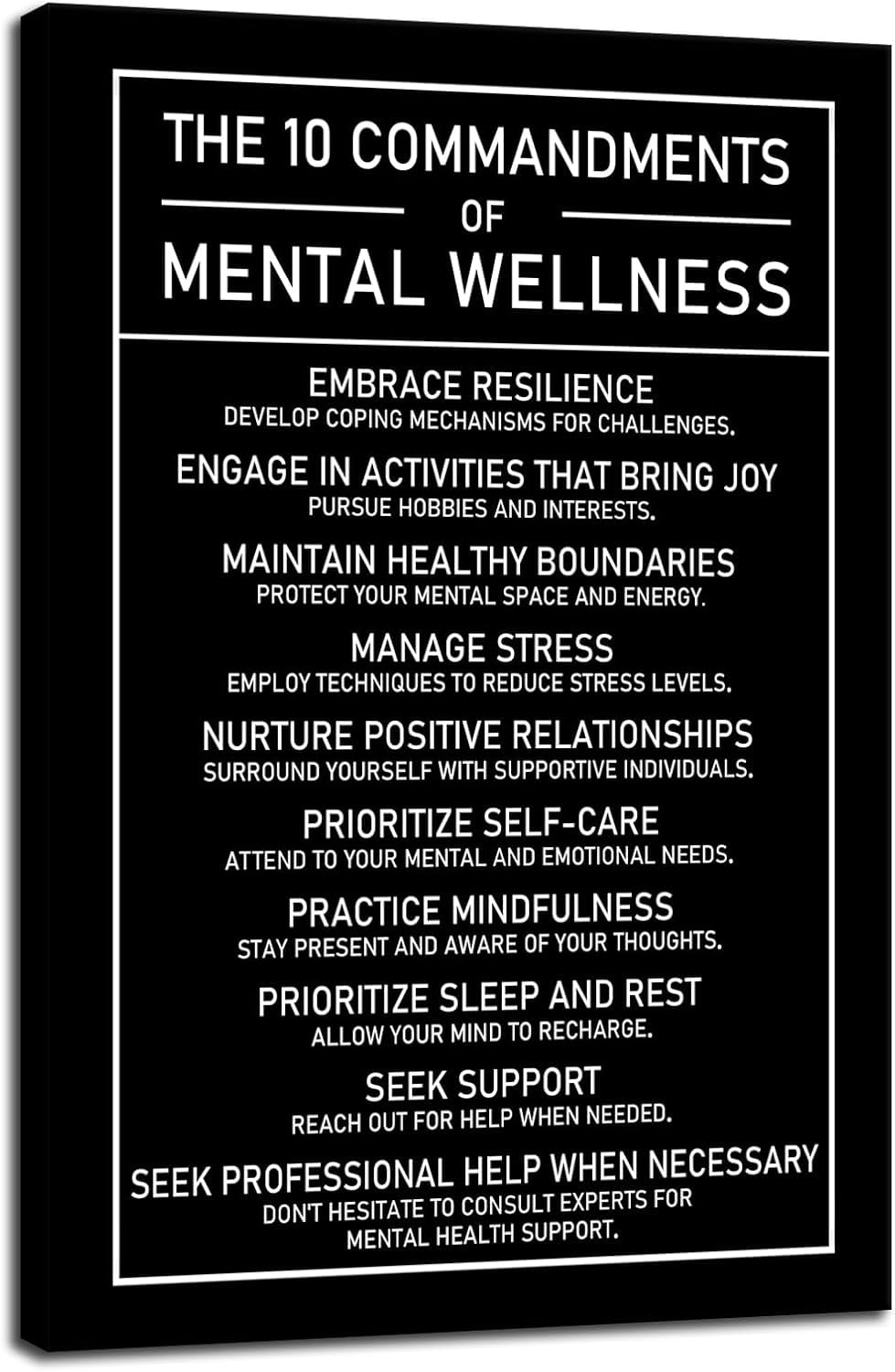 YCCJ-The 10 Commandments Of Mental Wellness Motivational Canvas Wall Art Inspirational Positive ...