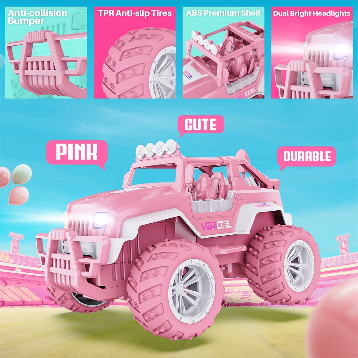 YCFUN Pink Remote Control Jeep Car for Girls with 4 Windmills and Kite ...