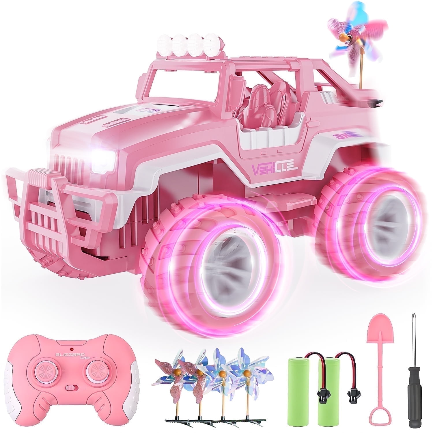 YCFUN Pink Remote Control Jeep Car for Girls with 4 Windmills, Leds and ...