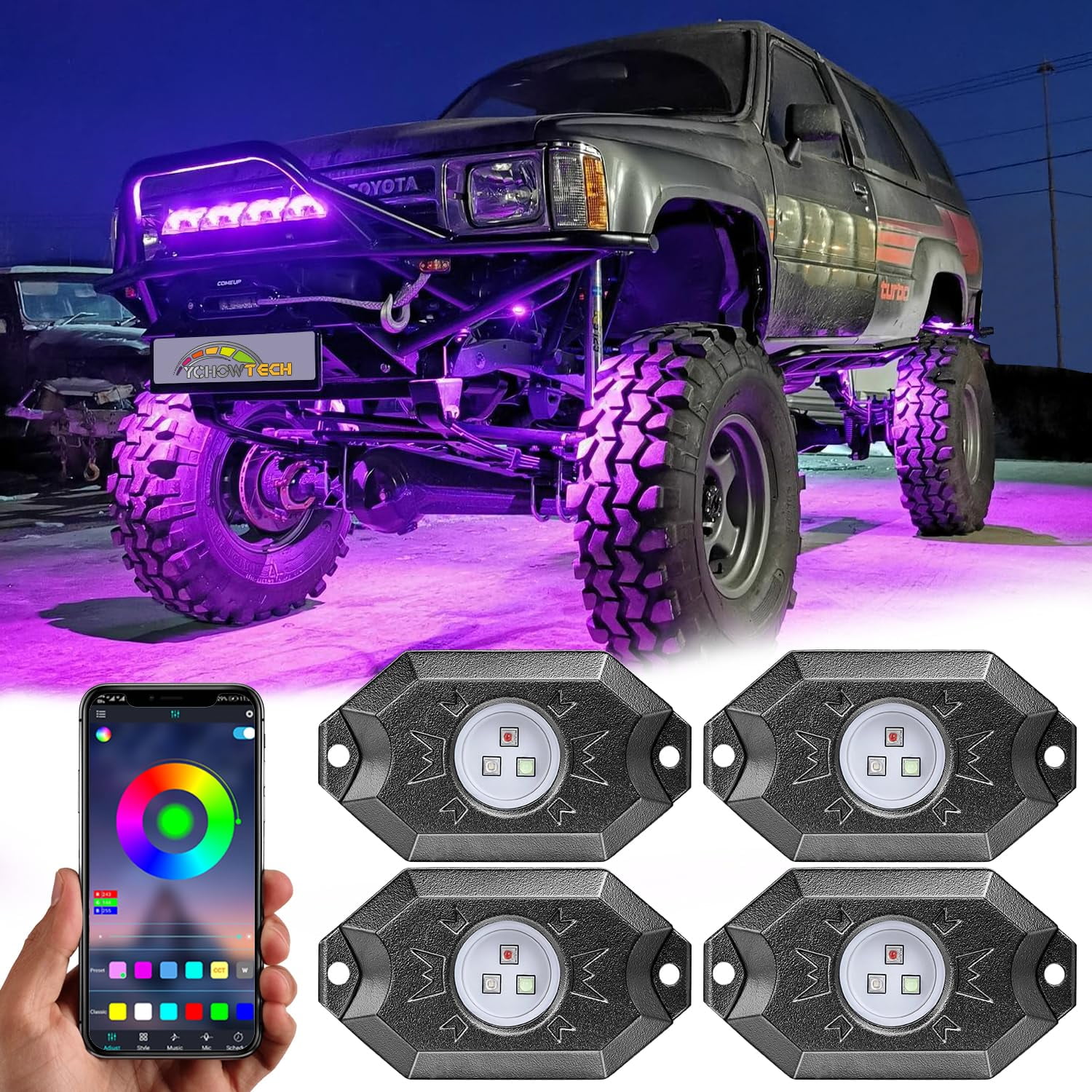 YCHOW-TECH RGB LED Rock Light 4 Pods MLTI-Color Underglow Lights Pods ...