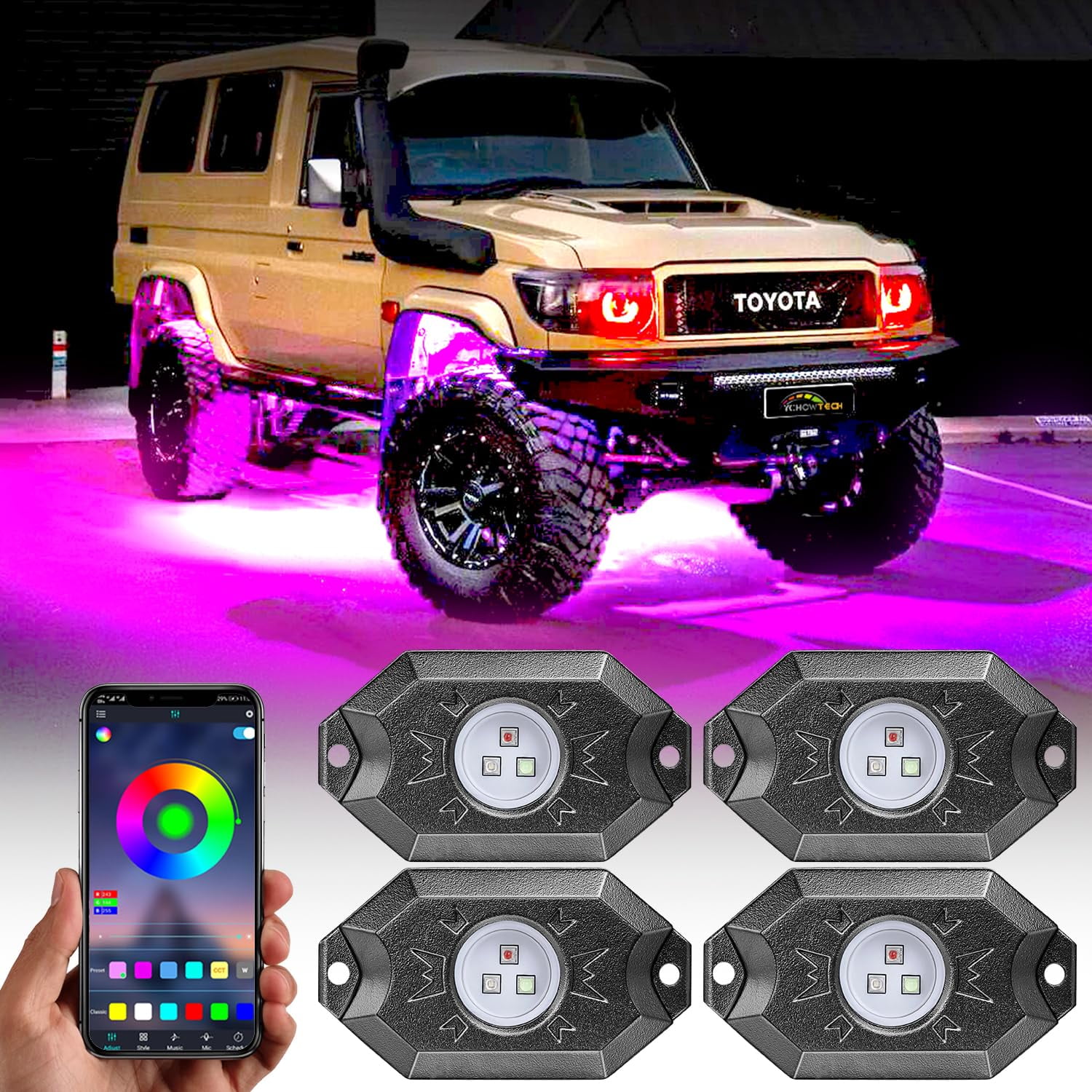 YCHOW-TECH RGB LED Rock Lights Kits, 4 Pods Neon Light Waterproof ...